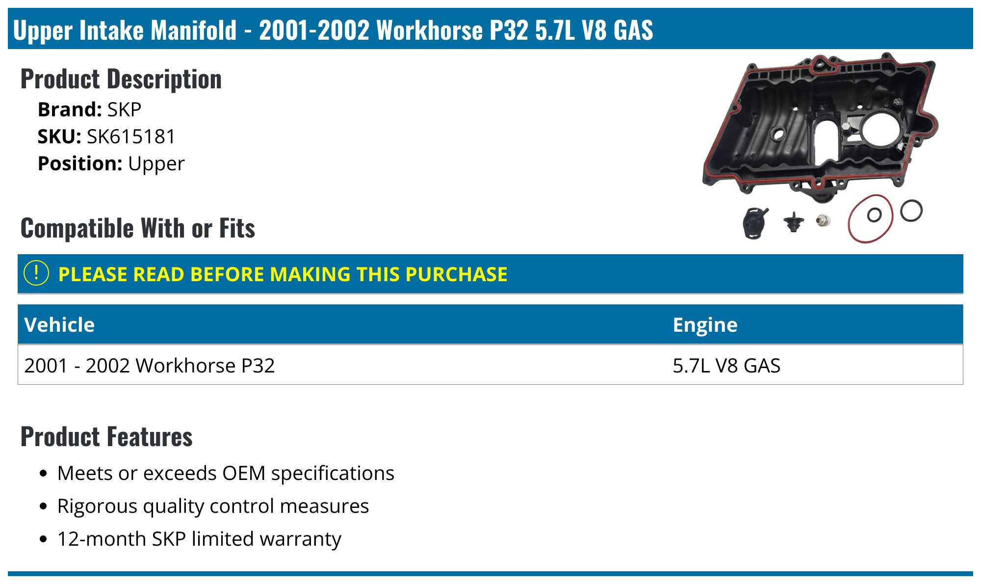 2001-2002 Workhorse P32 Intake Manifold - SKP SK615181 - Upper ...