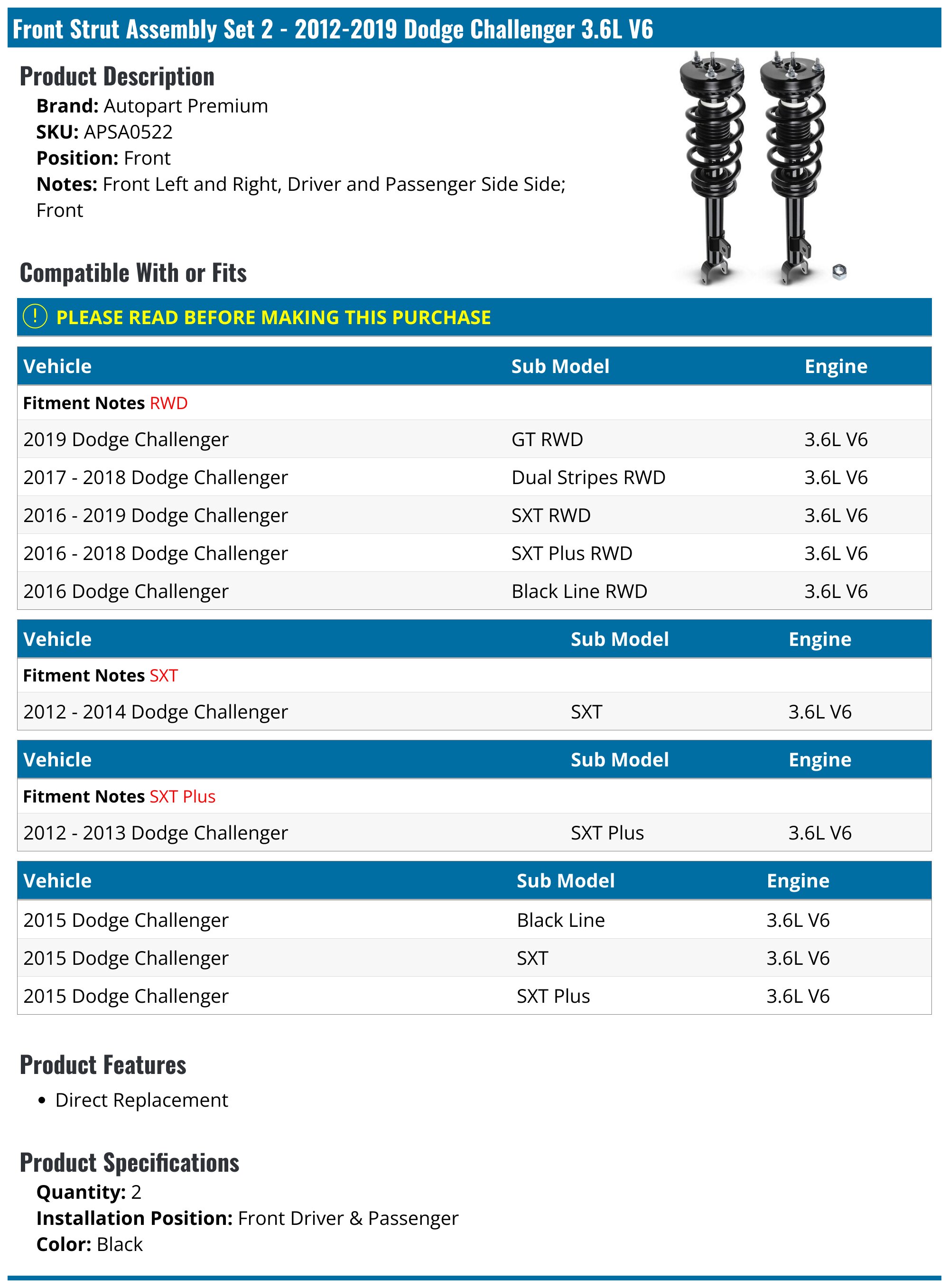 2012-2019 Dodge Challenger Strut Assembly - Autopart Premium APSA0522 ...