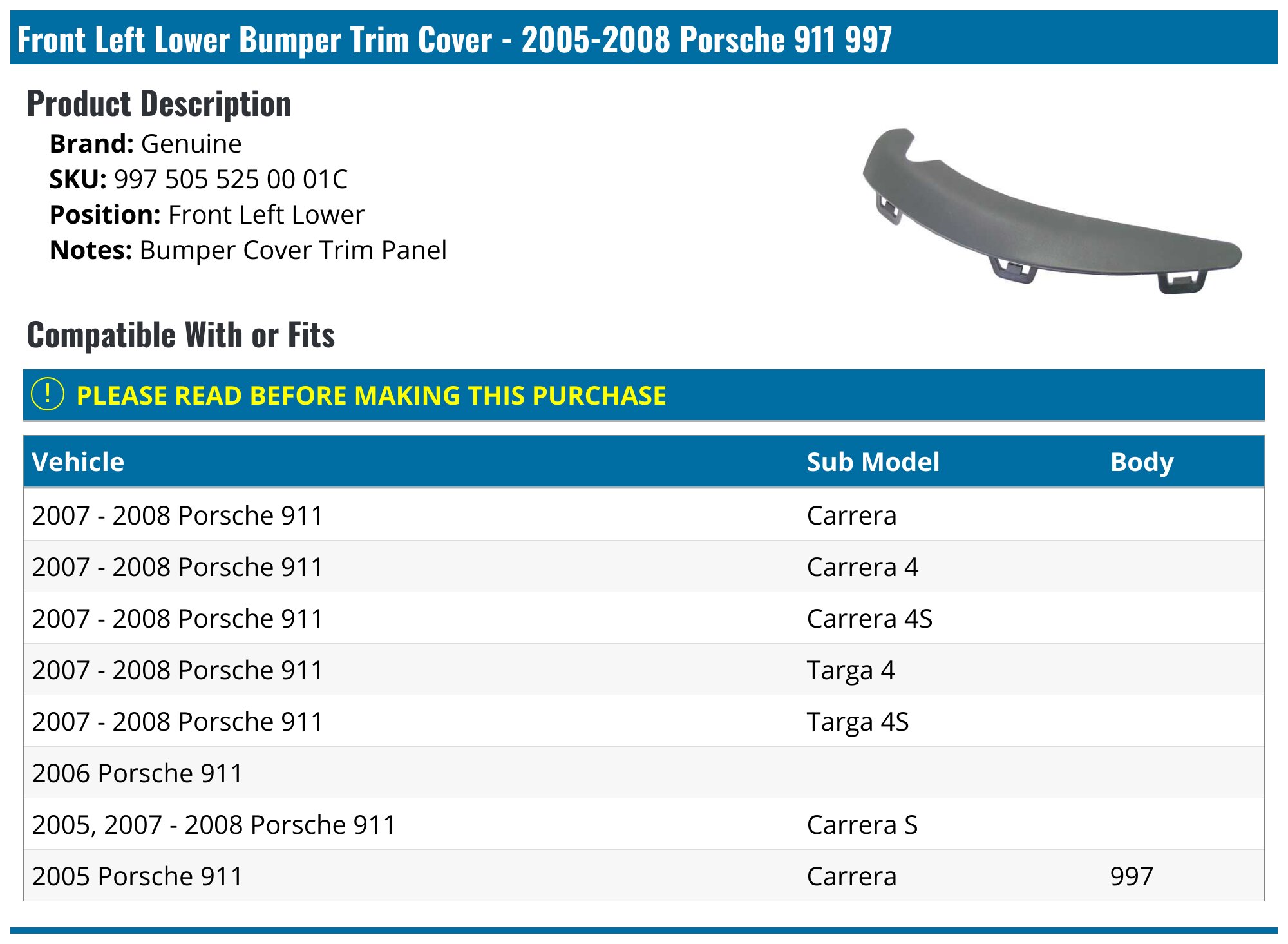 2005-2008 Porsche 911 Bumper Trim Cover - Genuine 997 505 525 00 01C ...