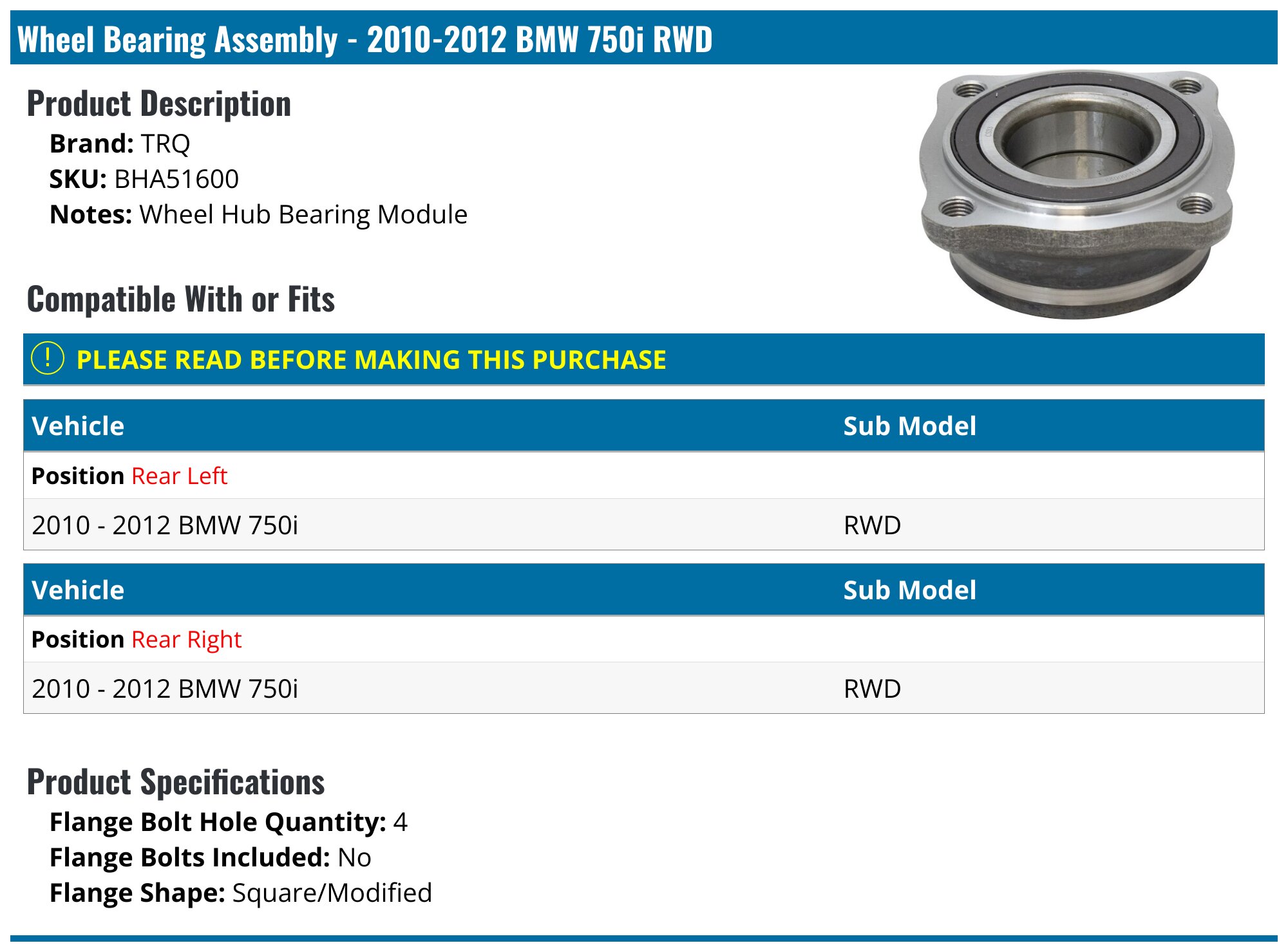 2009-2015 BMW 750i Wheel Hub Assembly - TRQ BHA51600 - Rear Left ...