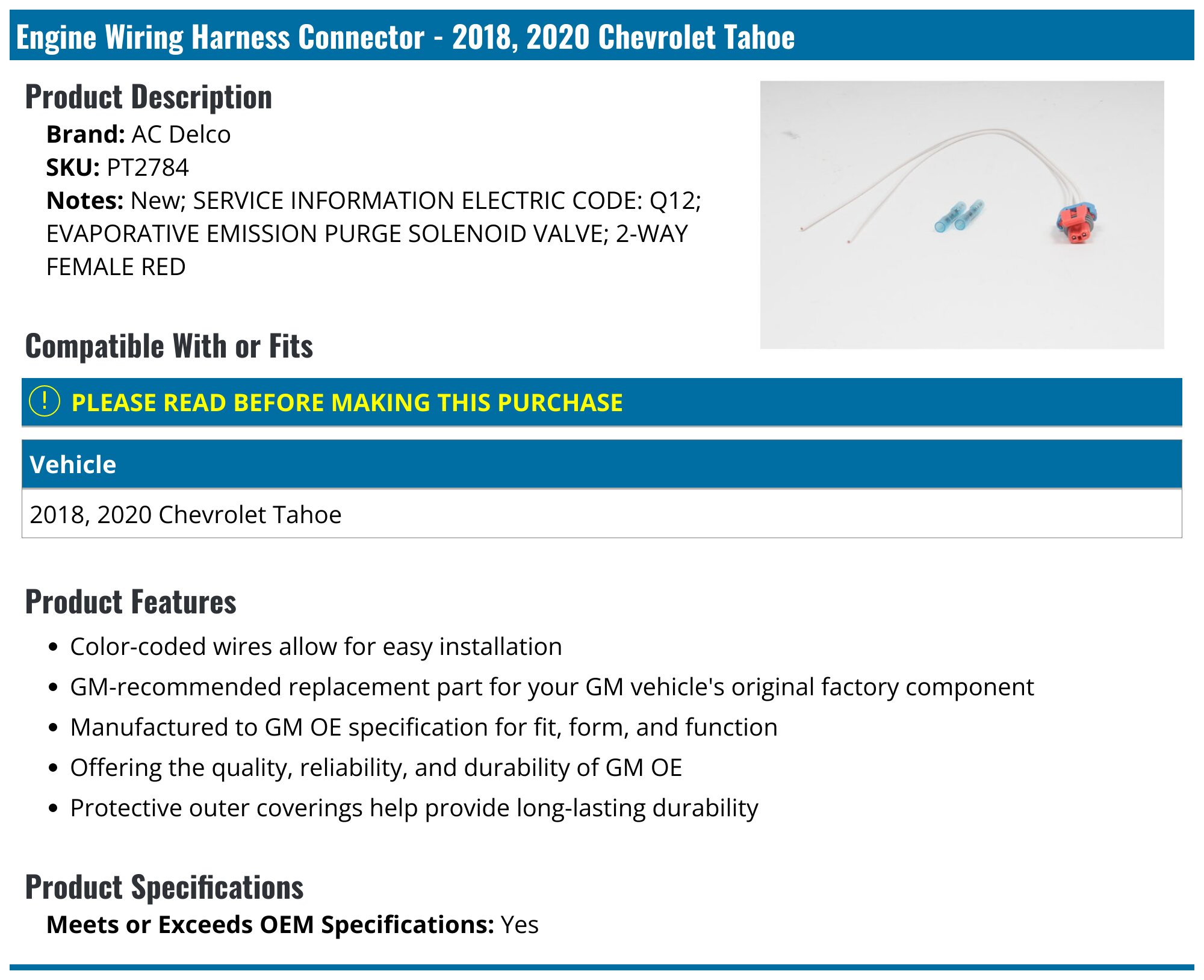 2018, 2020 Chevrolet Tahoe Engine Wiring Harness Connector - AC Delco ...