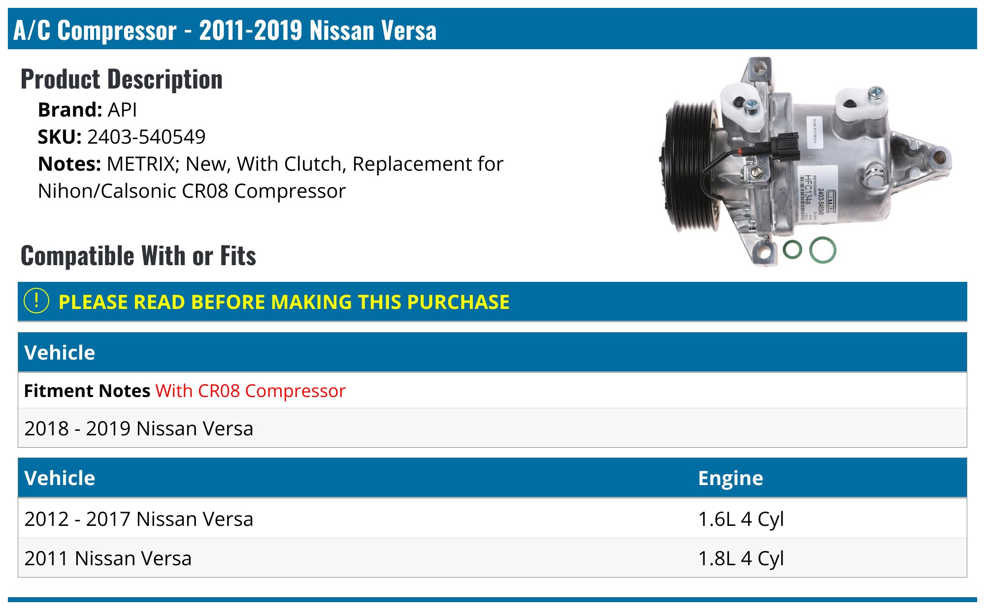 2011-2019 Nissan Versa A/C Compressor - API 96726-02537058 - PartsGeek.com