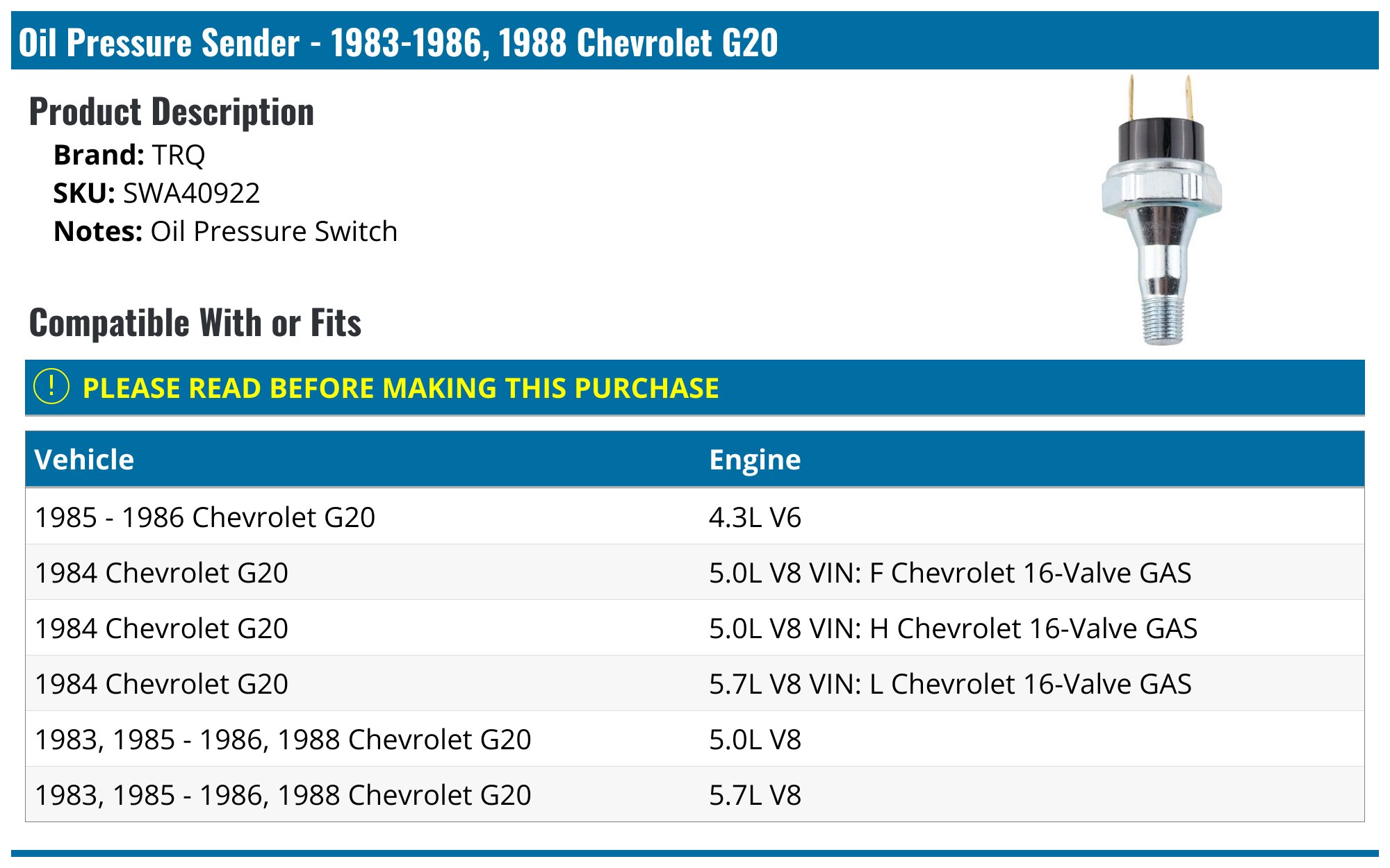 1983-1986, 1988 Chevrolet G20 Oil Pressure Sender - TRQ SWA40922 ...