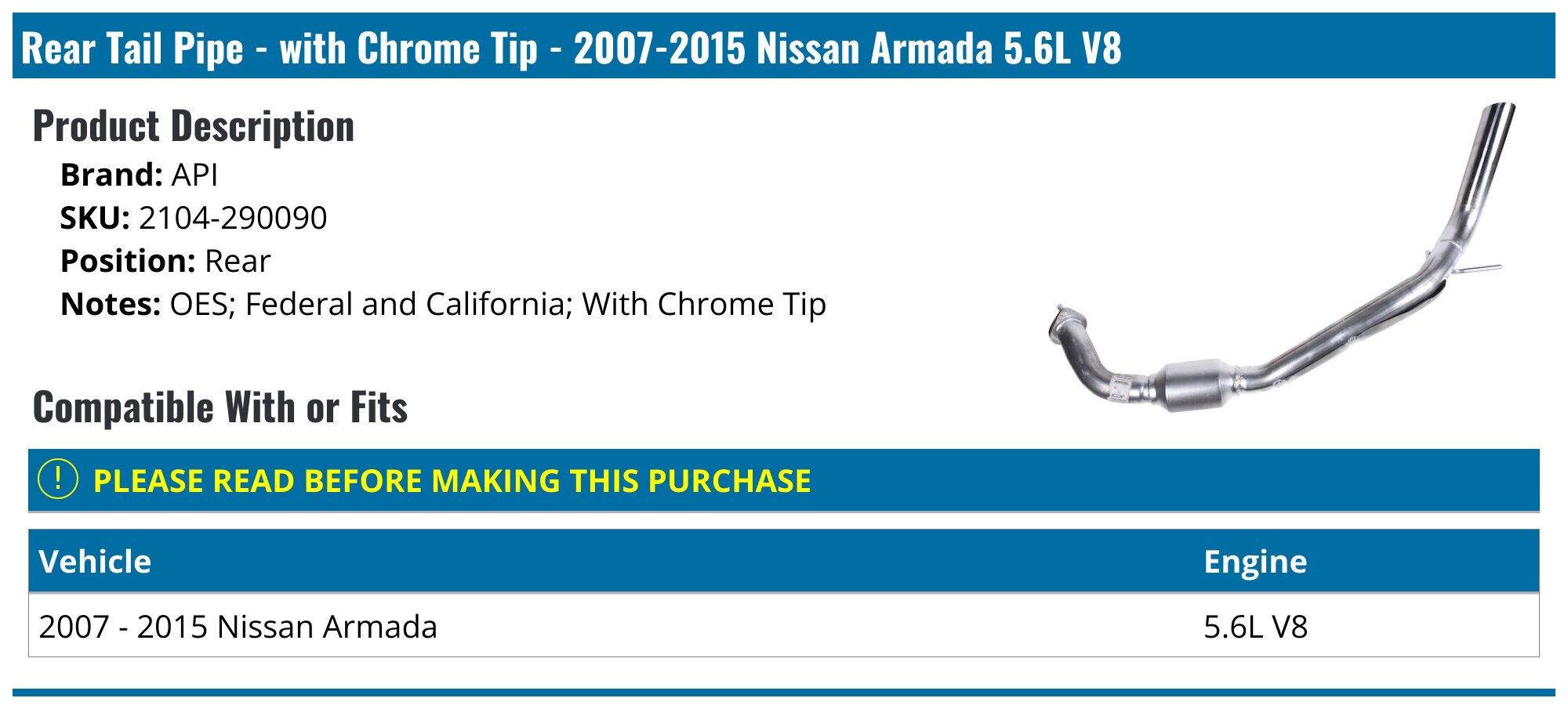 2007-2015 Nissan Armada Tail Pipe - API 24062-07456550 - Rear ...