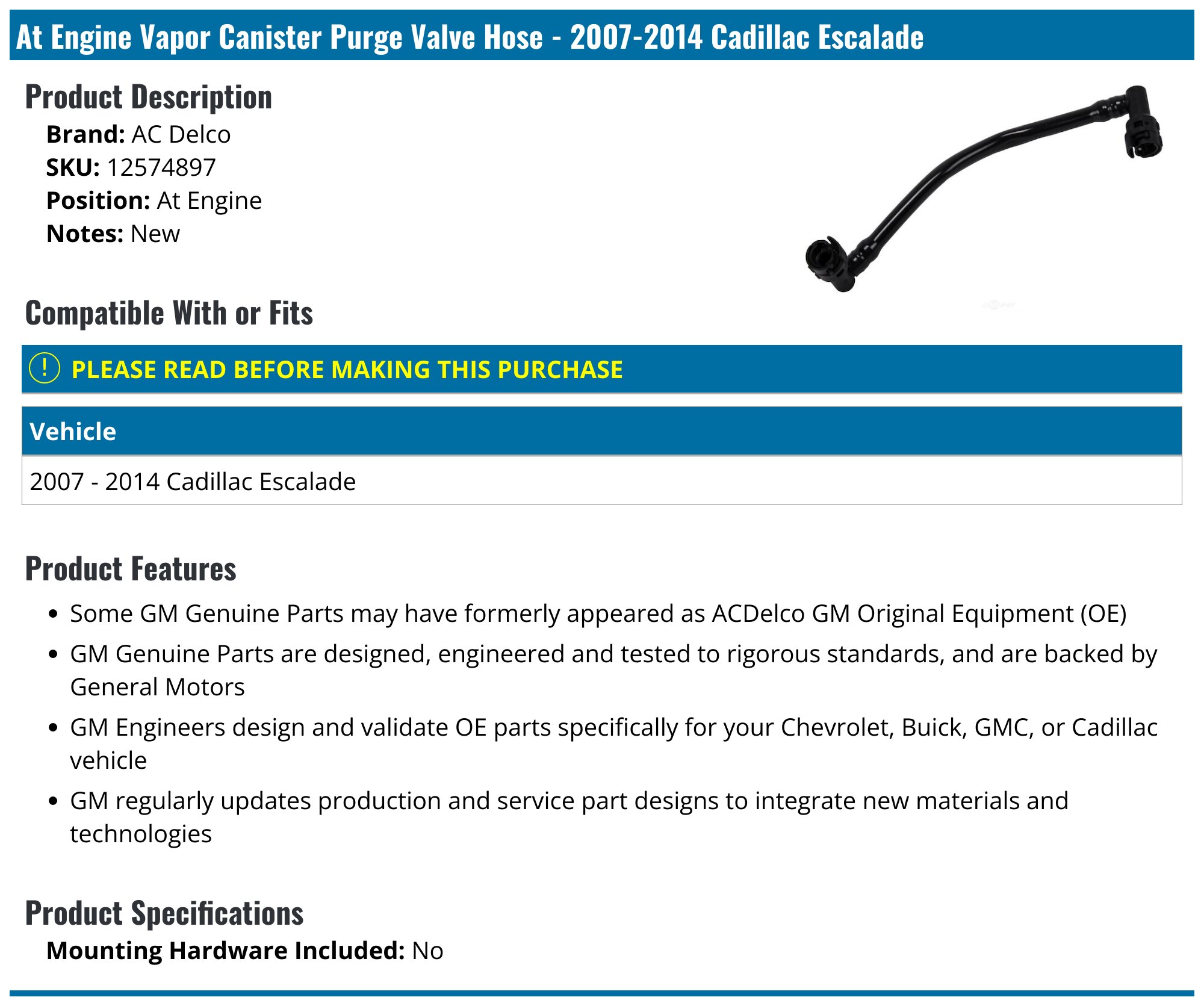 2007-2014 Cadillac Escalade Vapor Canister Purge Valve Hose - AC Delco ...