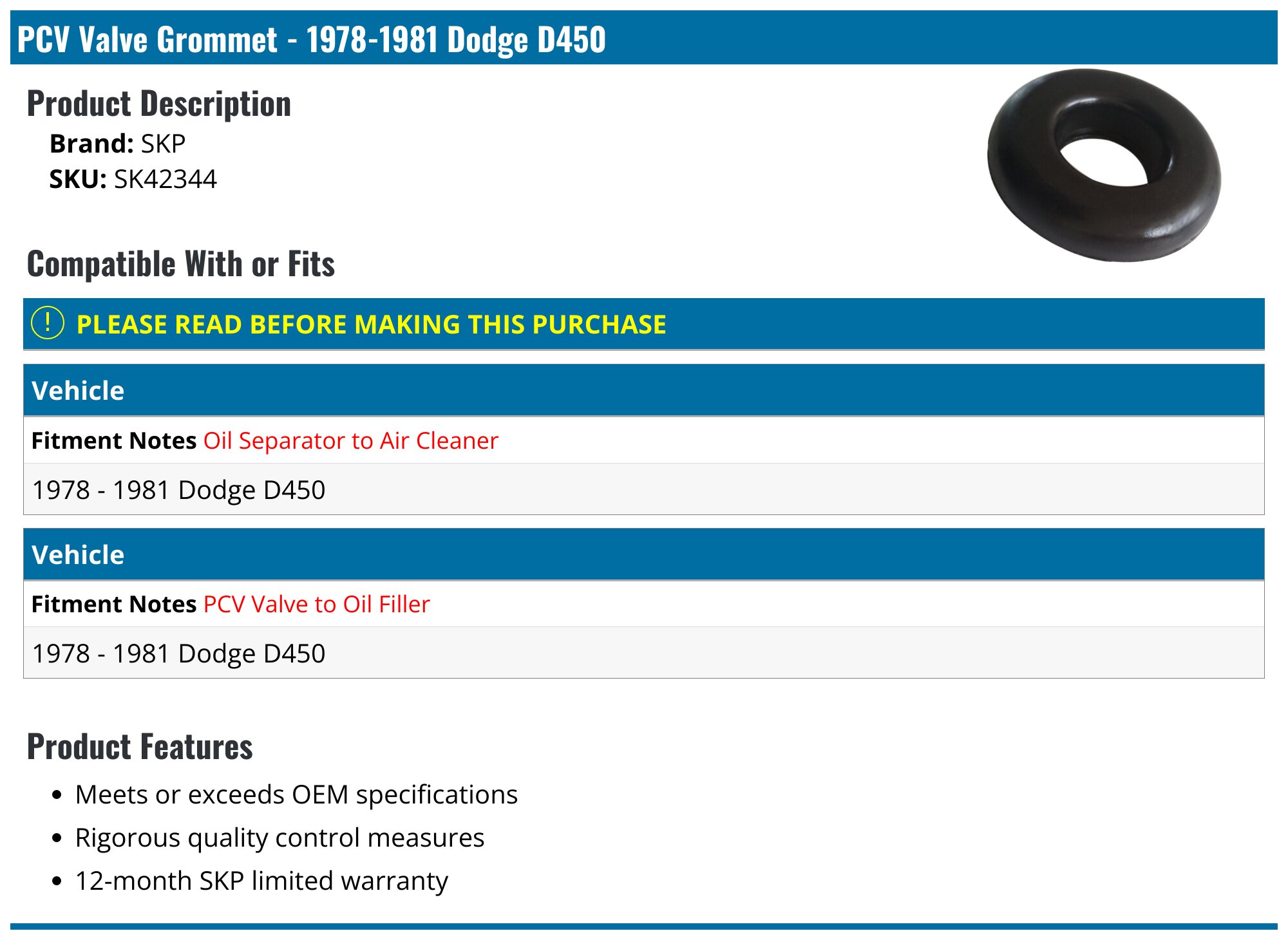 1978-1981 Dodge D450 PCV Valve Grommet - SKP SK42344 - PartsGeek.com