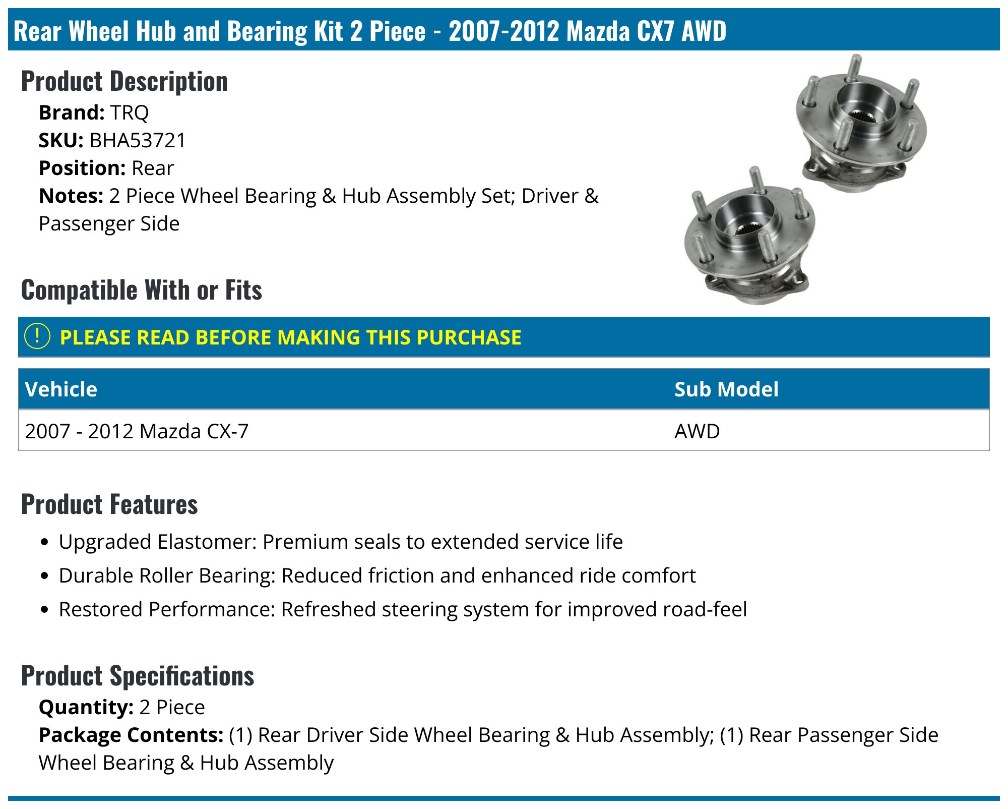 2007-2012 Mazda CX7 Wheel Hub Assembly - TRQ BHA53721 - Rear ...