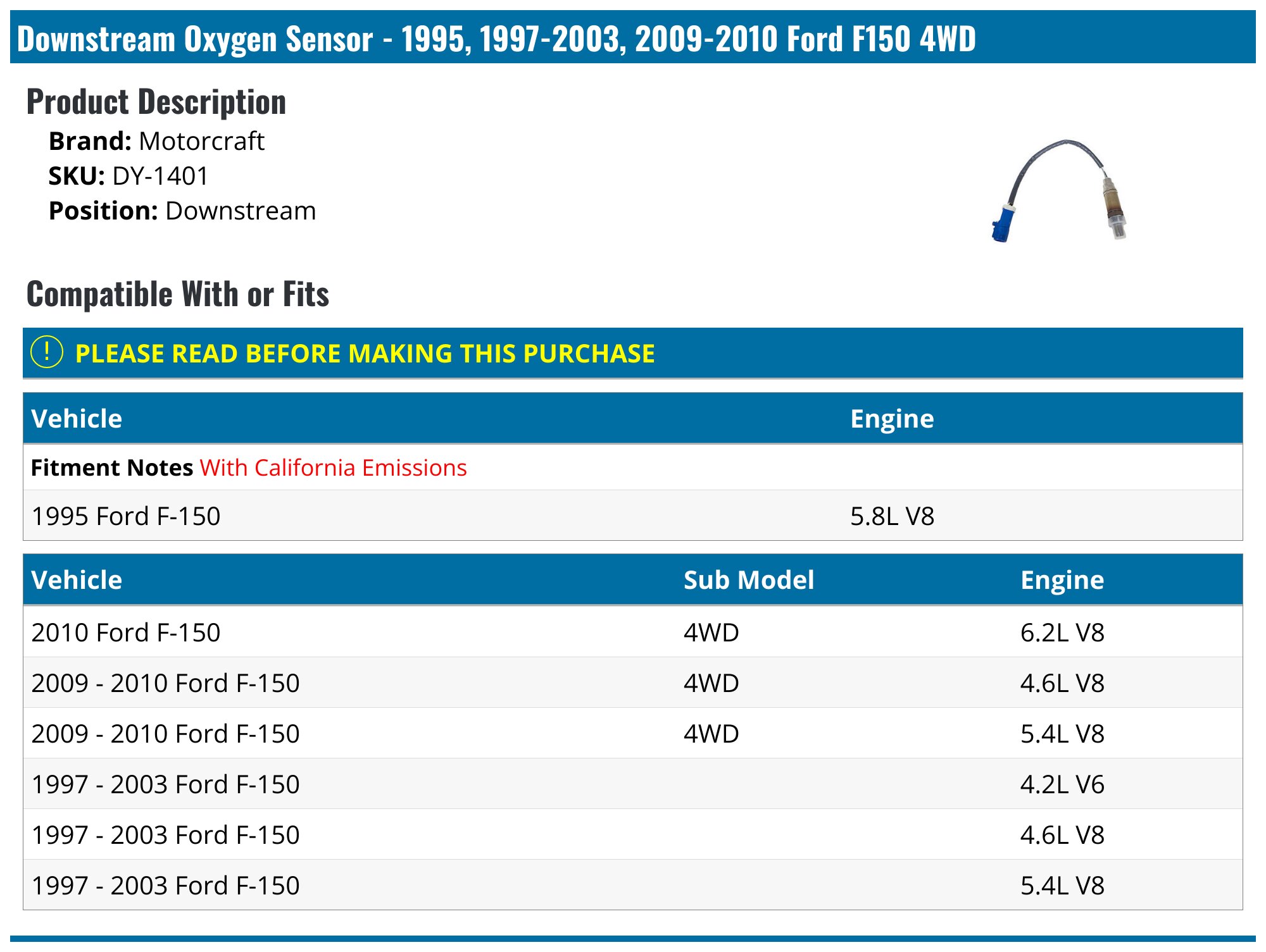 1995, 1997-2003, 2009-2010 Ford F150 Oxygen Sensor - Motorcraft DY-1401 ...