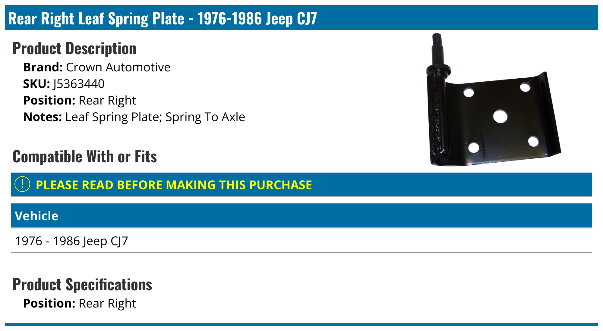 1976-1986 Jeep CJ7 Leaf Spring Plate - Crown Automotive J5363440 - Rear ...