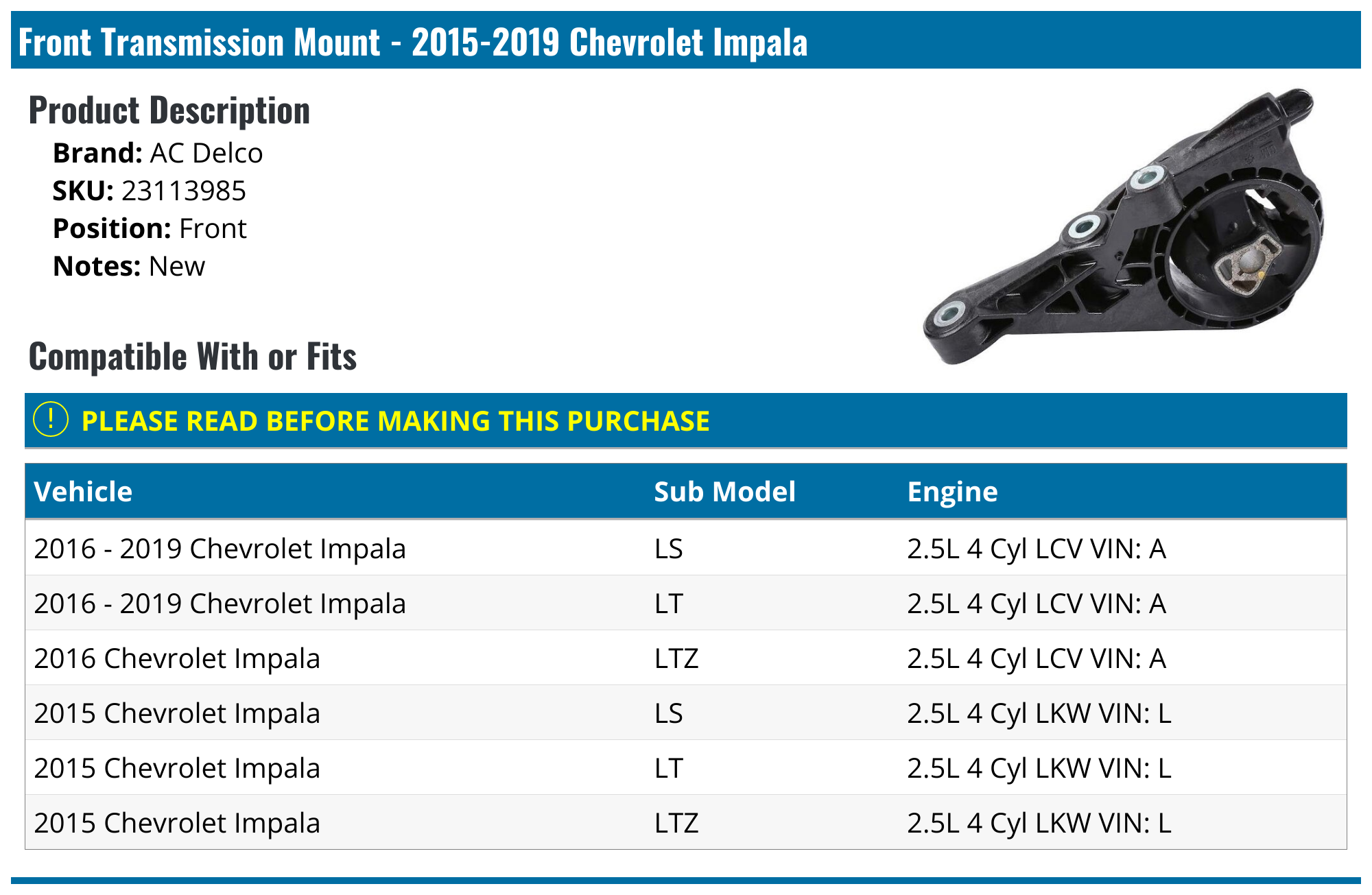 2015-2019 Chevrolet Impala Transmission Mount - AC Delco 23113985 ...