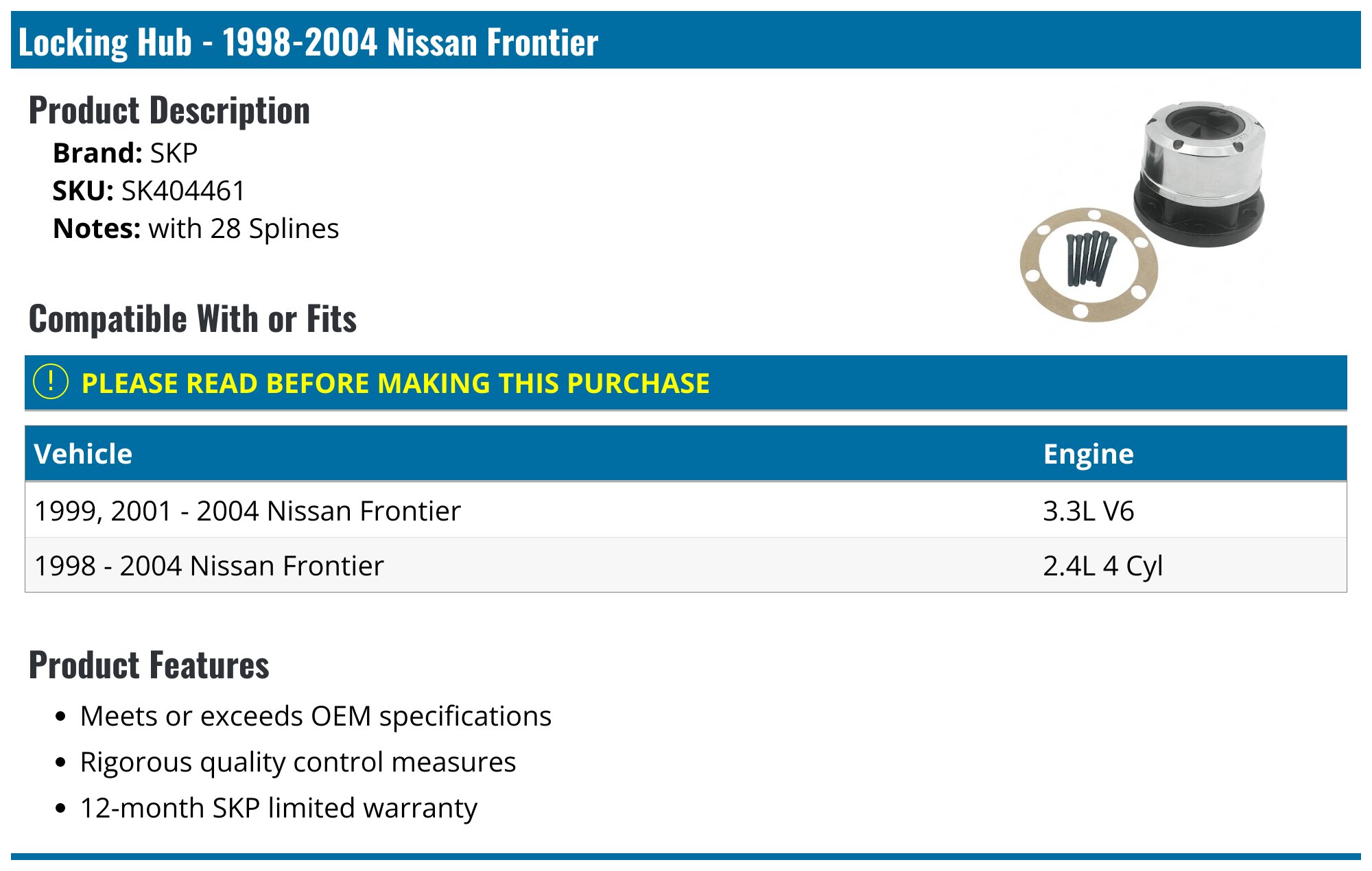 1998-2004 Nissan Frontier Locking Hub - SKP SK404461 - PartsGeek.com