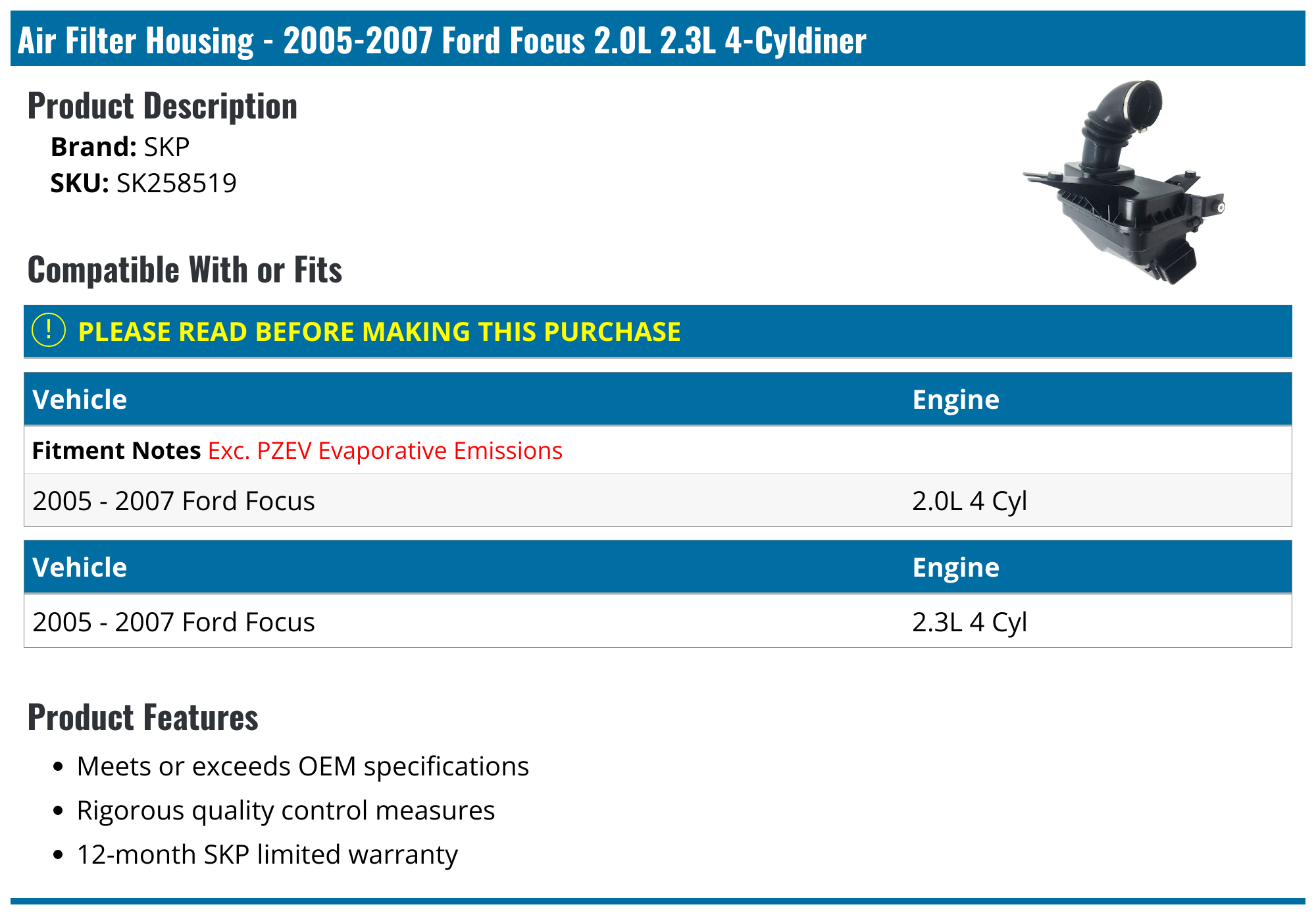 2005-2007 Ford Focus Air Filter Housing - SKP SK258519 - PartsGeek.com
