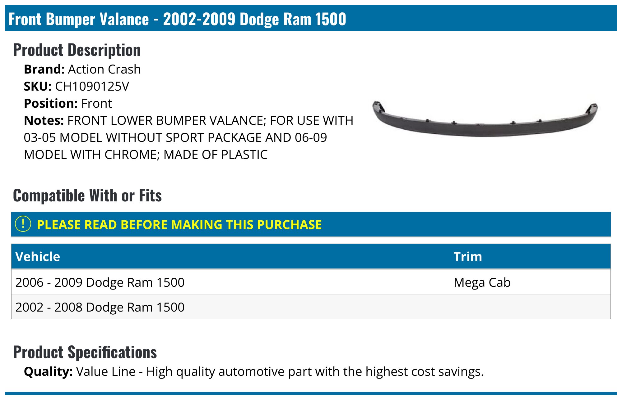 Valance Panel - Front Lower Bumper Valance | Parts Geek