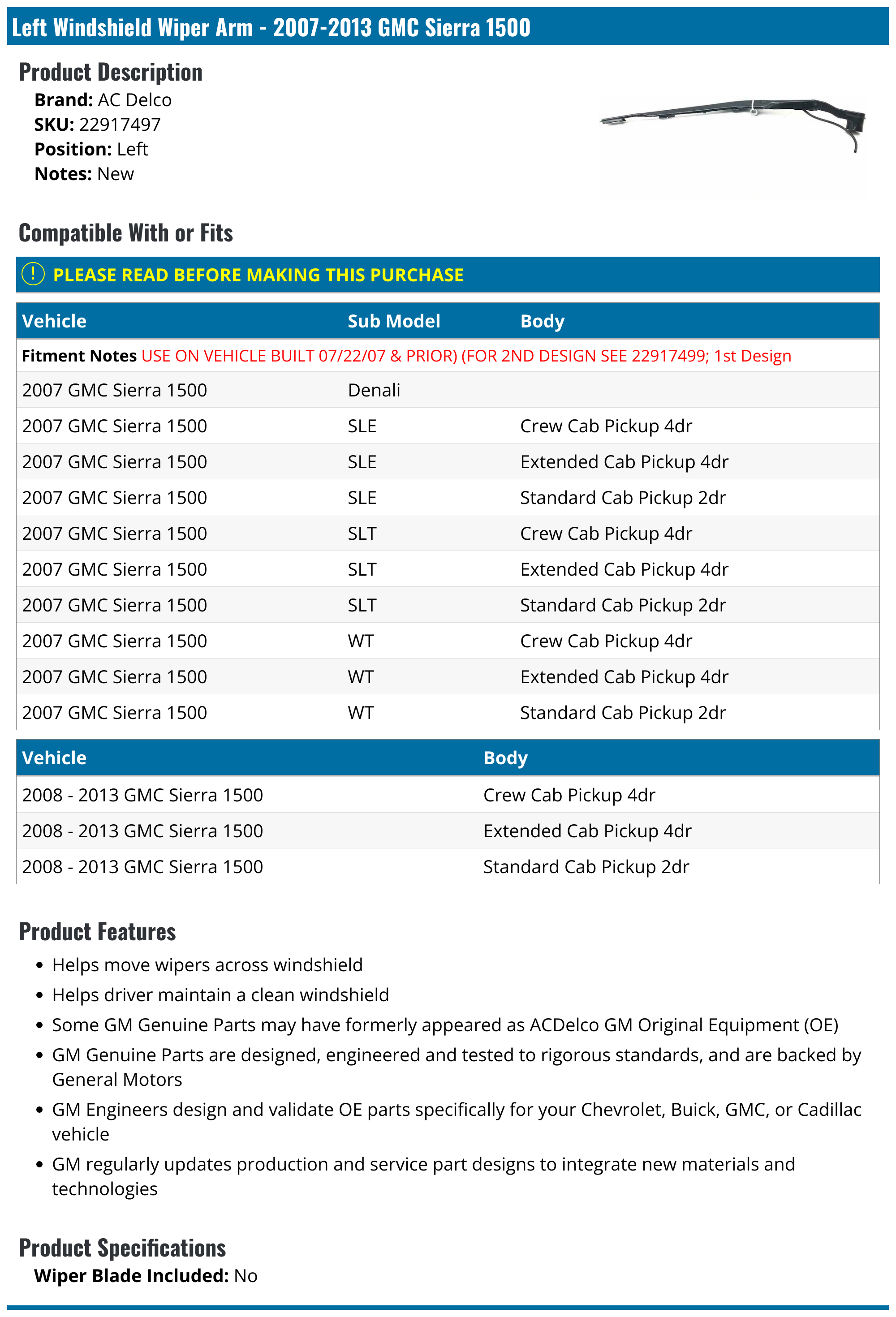2007-2013 GMC Sierra 1500 Windshield Wiper Arm - AC Delco 22917497 ...