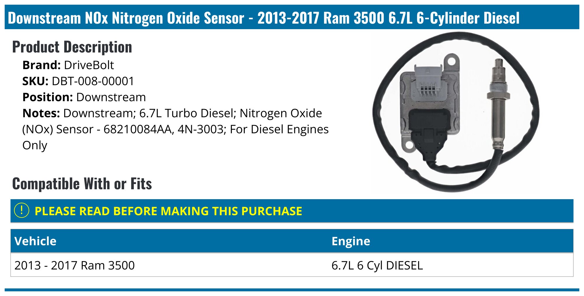 2013-2017 Ram 3500 NOx (Nitrogen Oxide) Sensor - DriveBolt DBT-008 ...