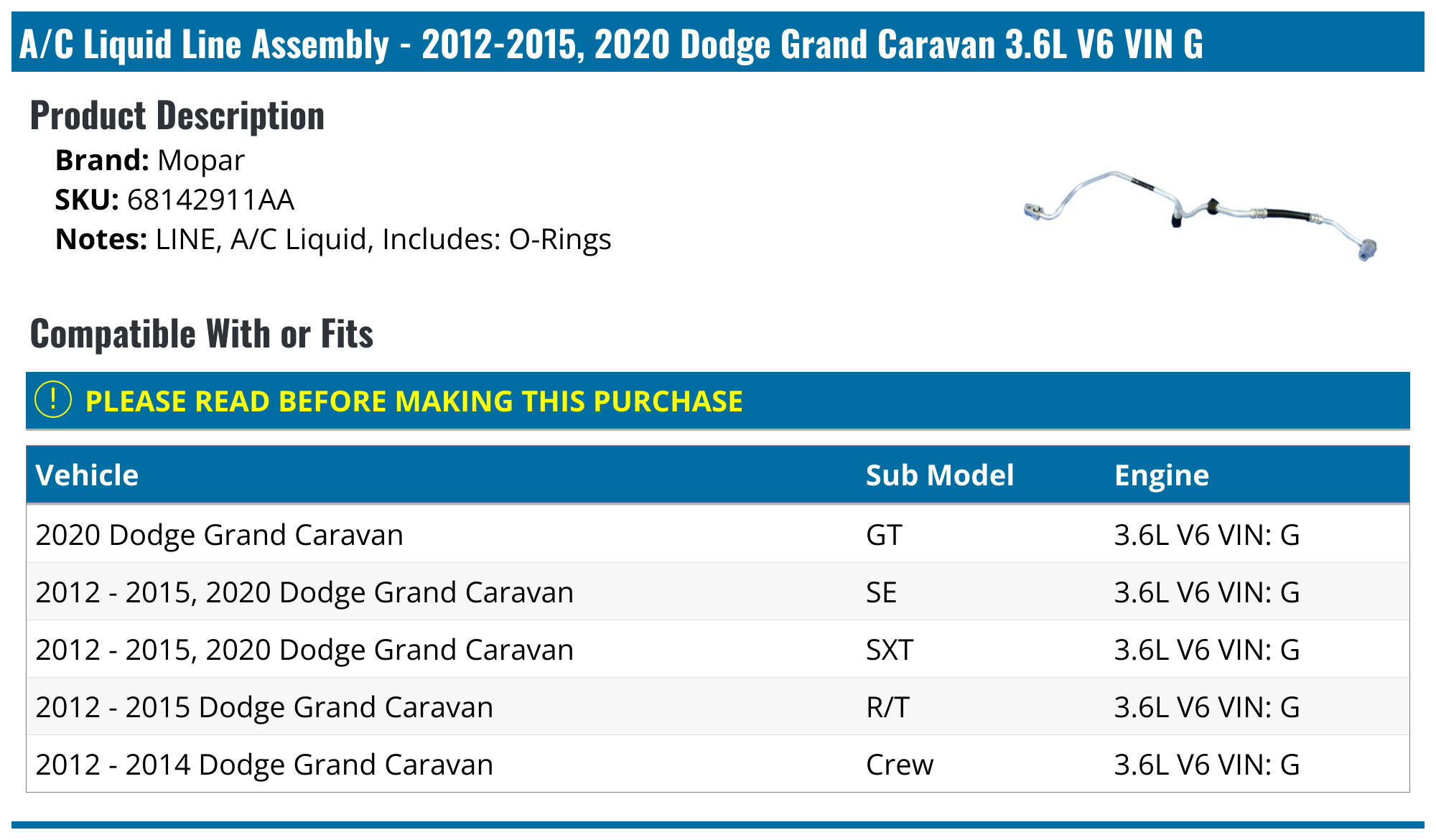 2012-2015, 2020 Dodge Grand Caravan A/C Hose - Mopar 68142911AA ...