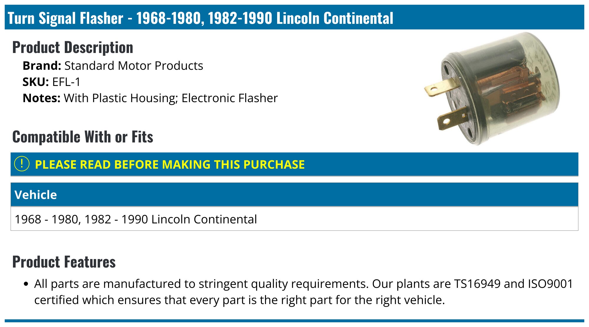 1968-1980, 1982-1990 Lincoln Continental Turn Signal Flasher - Standard ...