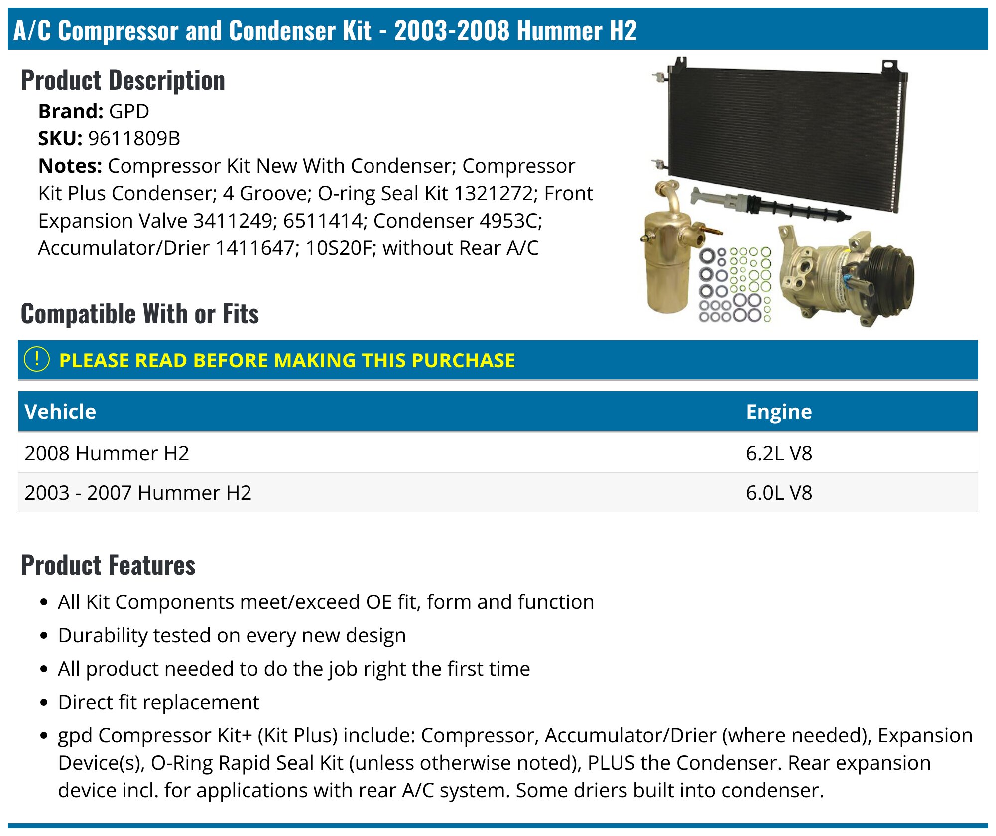2003-2008 Hummer H2 A/C Compressor - GPD 9611809B - PartsGeek.com