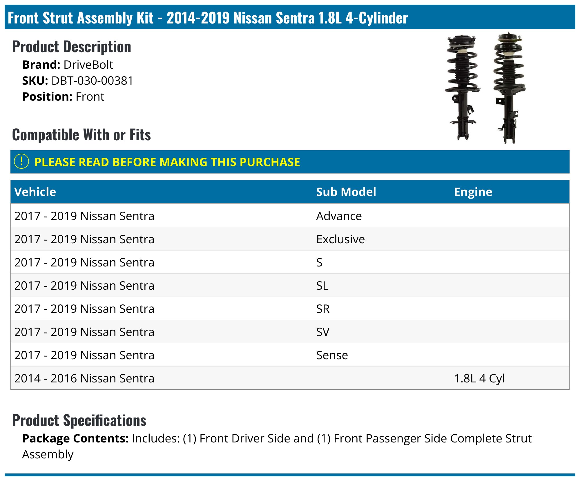 2014-2019 Nissan Sentra Strut Assembly - DriveBolt DBT-030-00381 ...