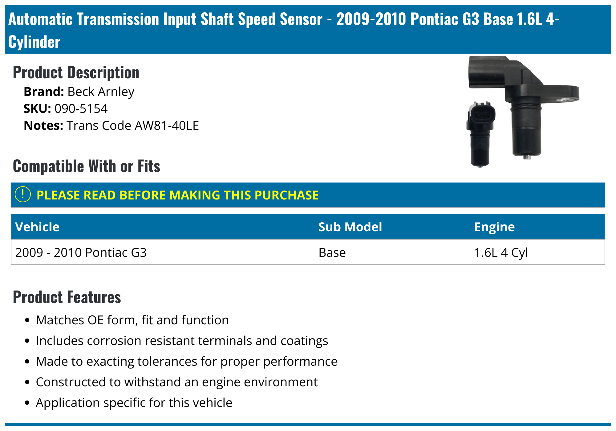 2009-2010 Pontiac G3 Automatic Transmission Input Shaft Speed Sensor ...