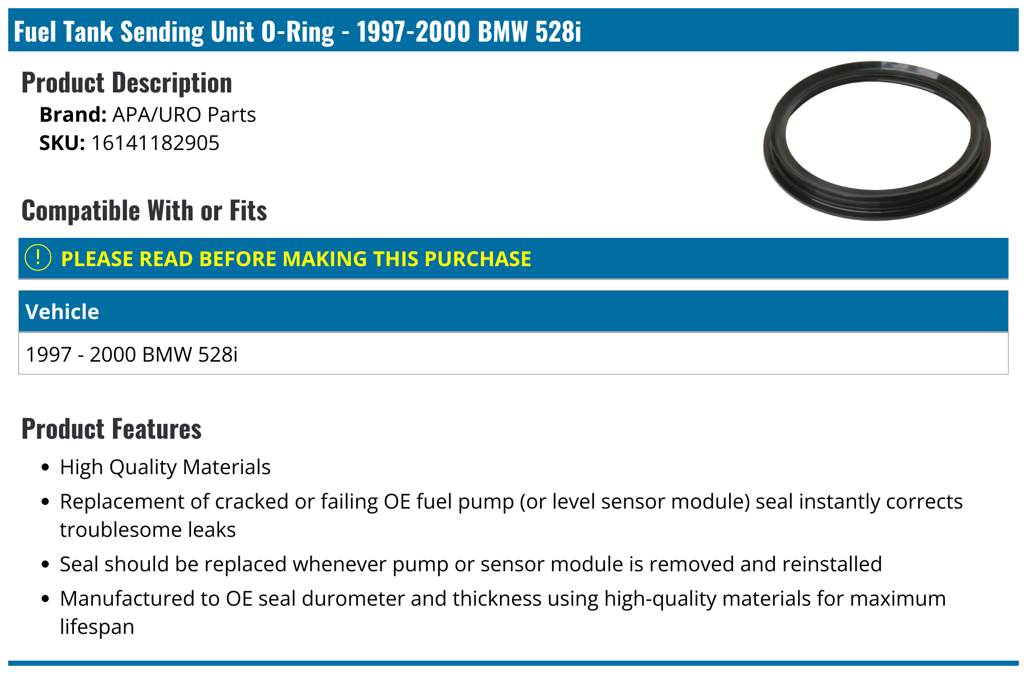 1997-2000 BMW 528i Fuel Tank Sending Unit O-Ring - APA/URO Parts ...