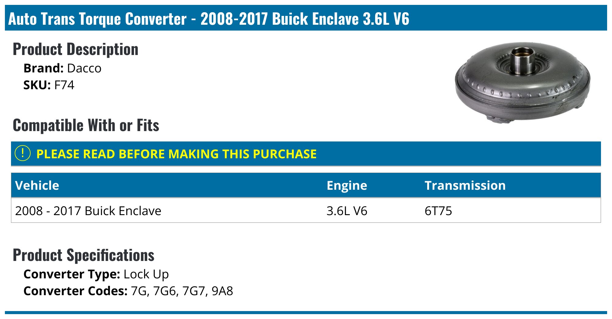 2008-2017 Buick Enclave Auto Trans Torque Converter - Dacco F74 ...