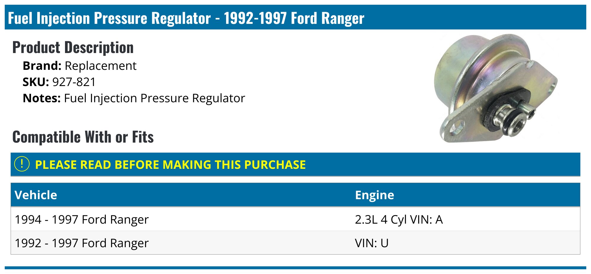 1992-1997 Ford Ranger Fuel Pressure Regulator - Replacement 927-821 ...