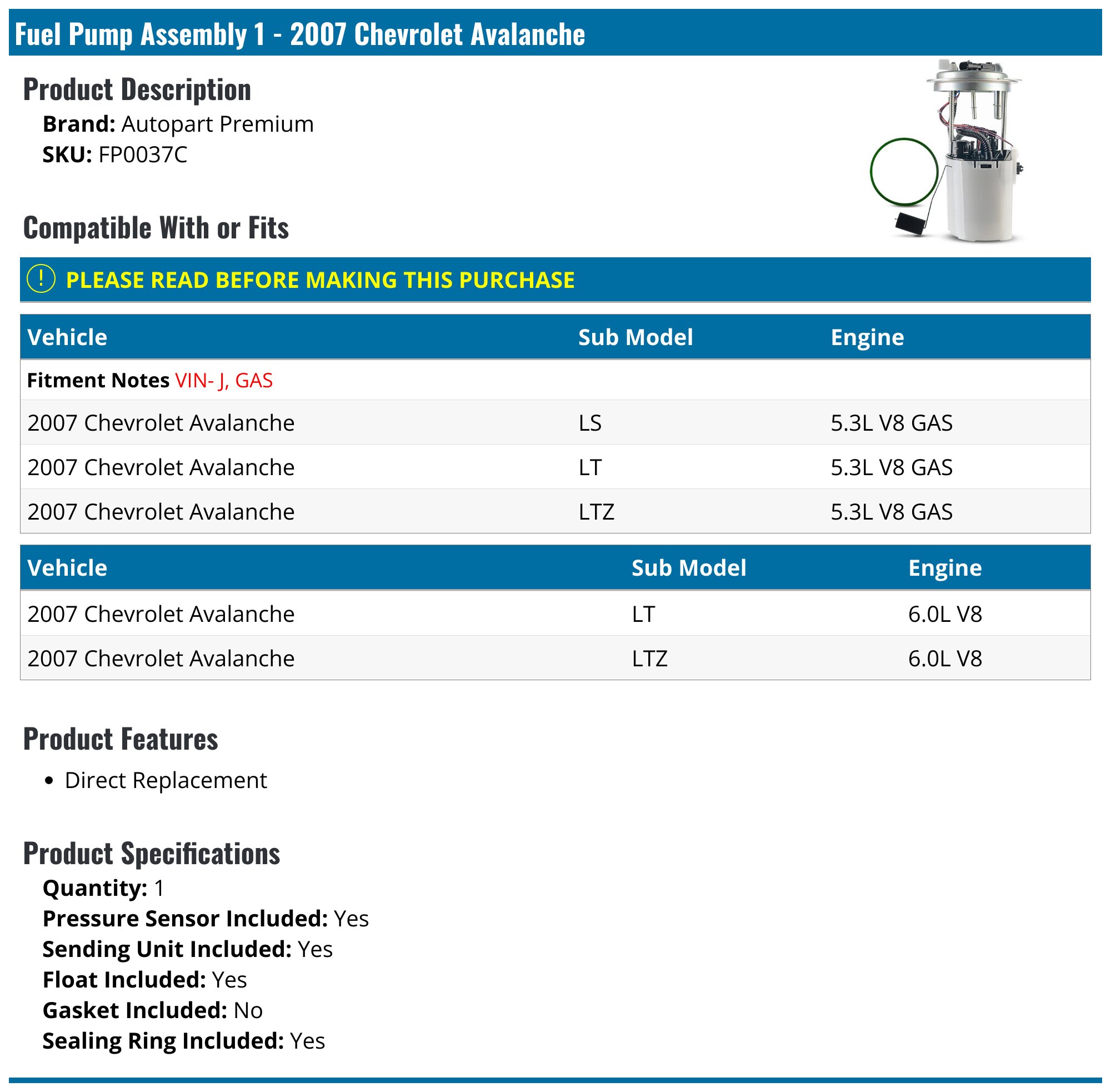 2007 Chevrolet Avalanche Fuel Pump - Autopart Premium FP0037C ...