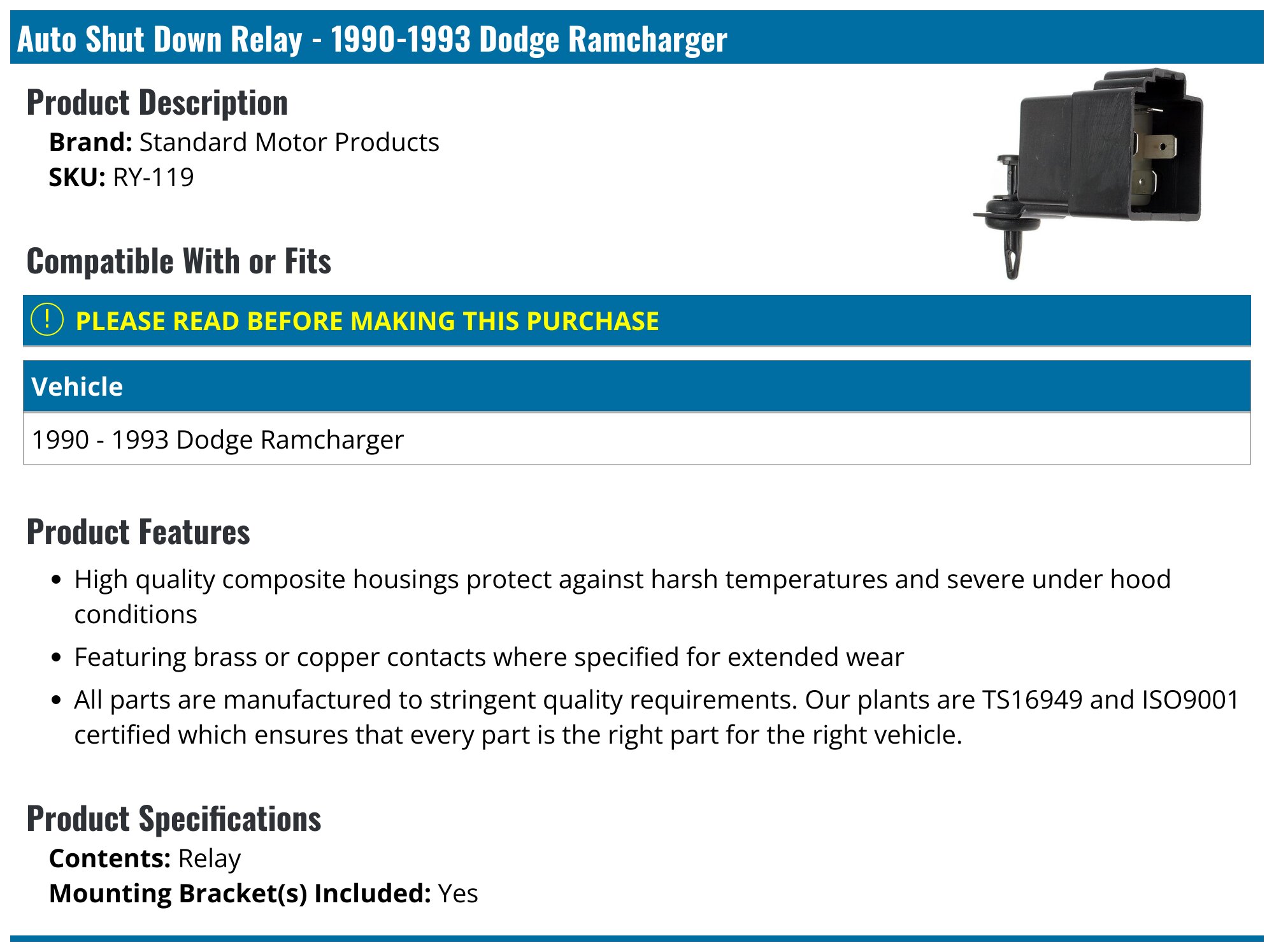 1990-1993 Dodge Ramcharger Auto Shut Down Relay - Standard Motor ...