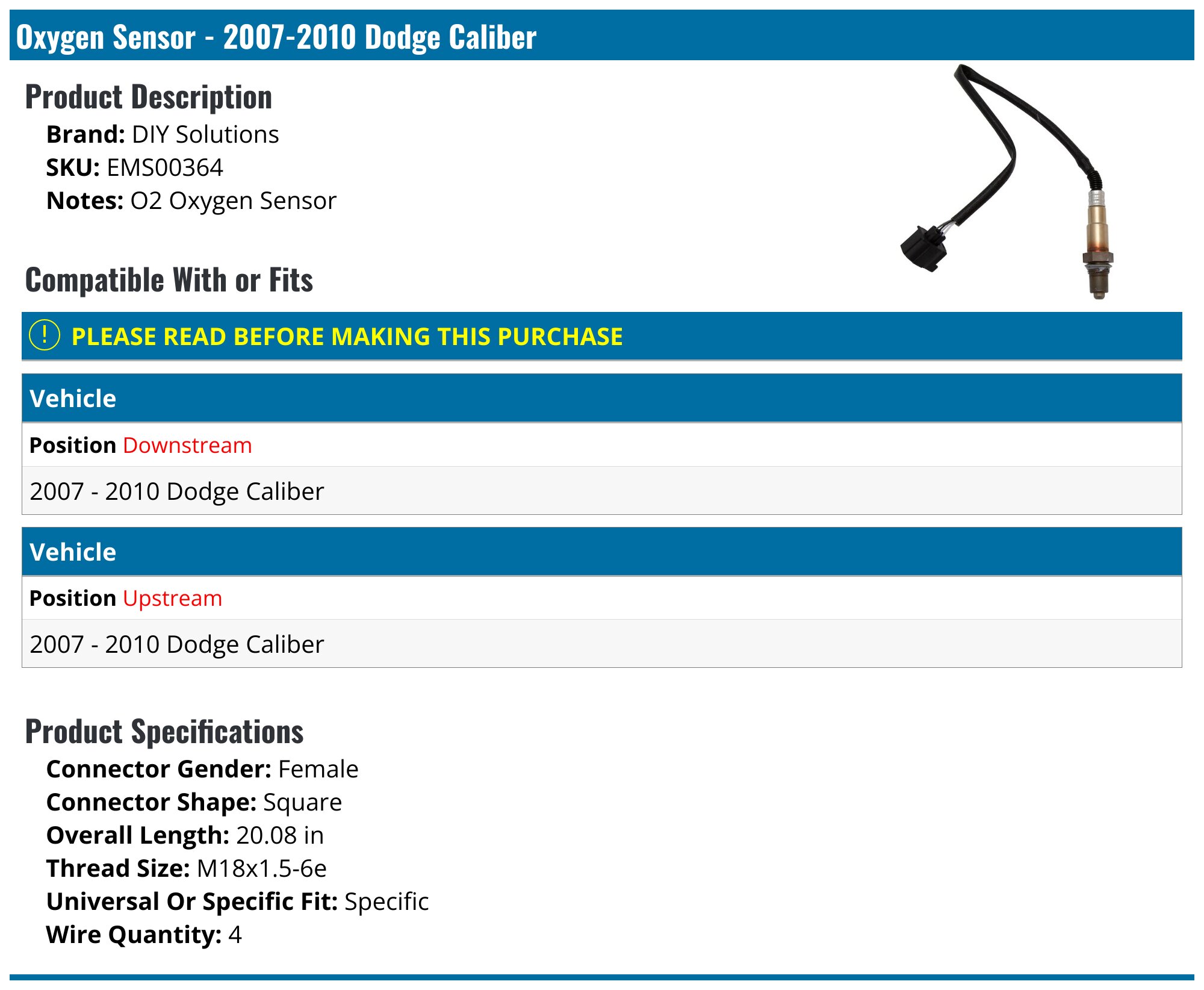 2007-2010 Dodge Caliber Oxygen Sensor - DIY Solutions EMS00364 ...