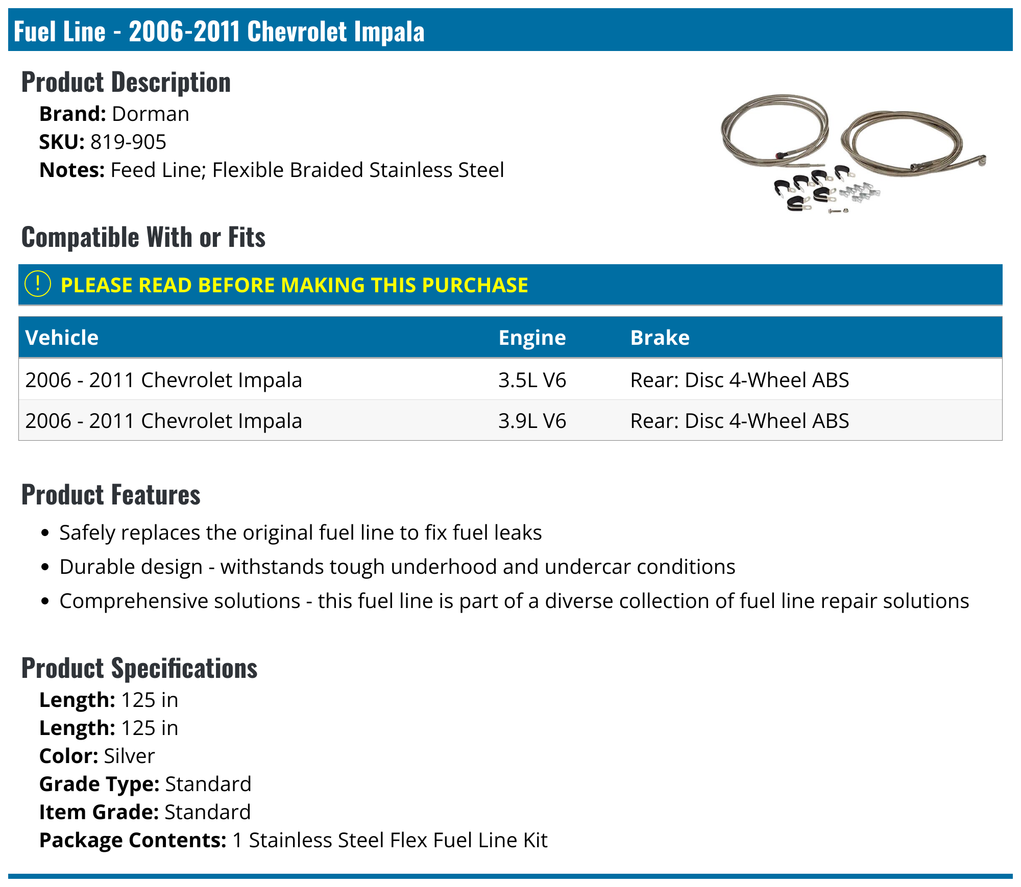 2006-2011 Chevrolet Impala Fuel Line - Dorman 819-905 - PartsGeek.com
