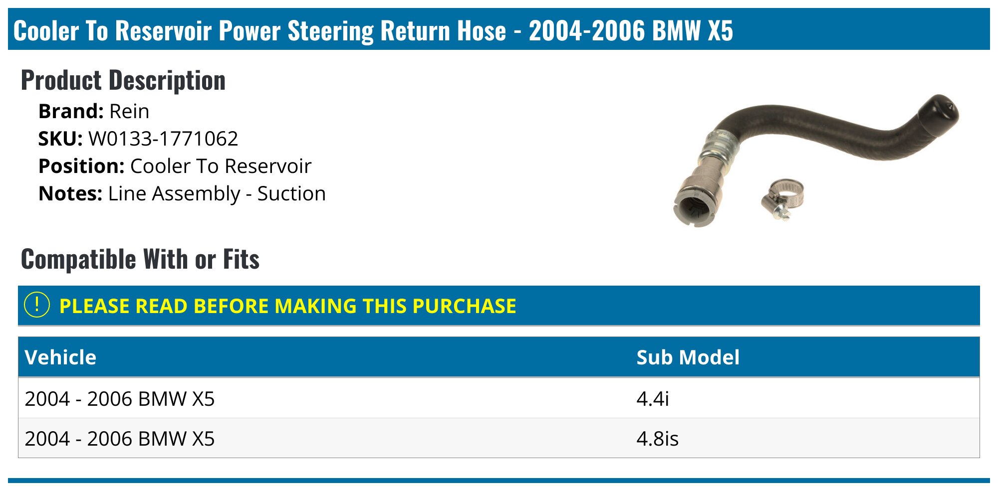 2004-2006 BMW X5 Power Steering Return Hose - Rein W0133-1771062 ...