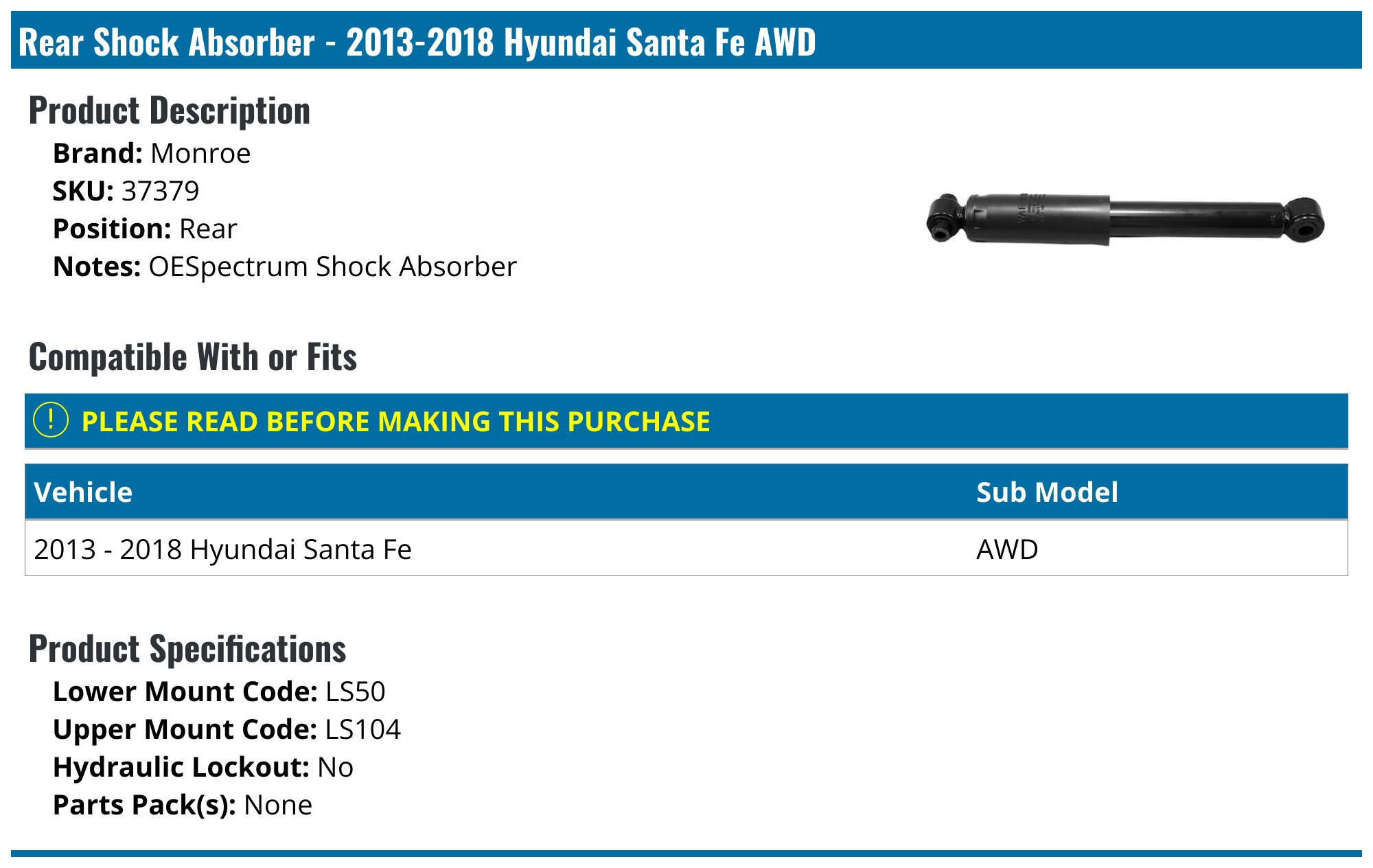 2013-2018 Hyundai Santa Fe Shock Absorber - Monroe 37379 - Rear ...