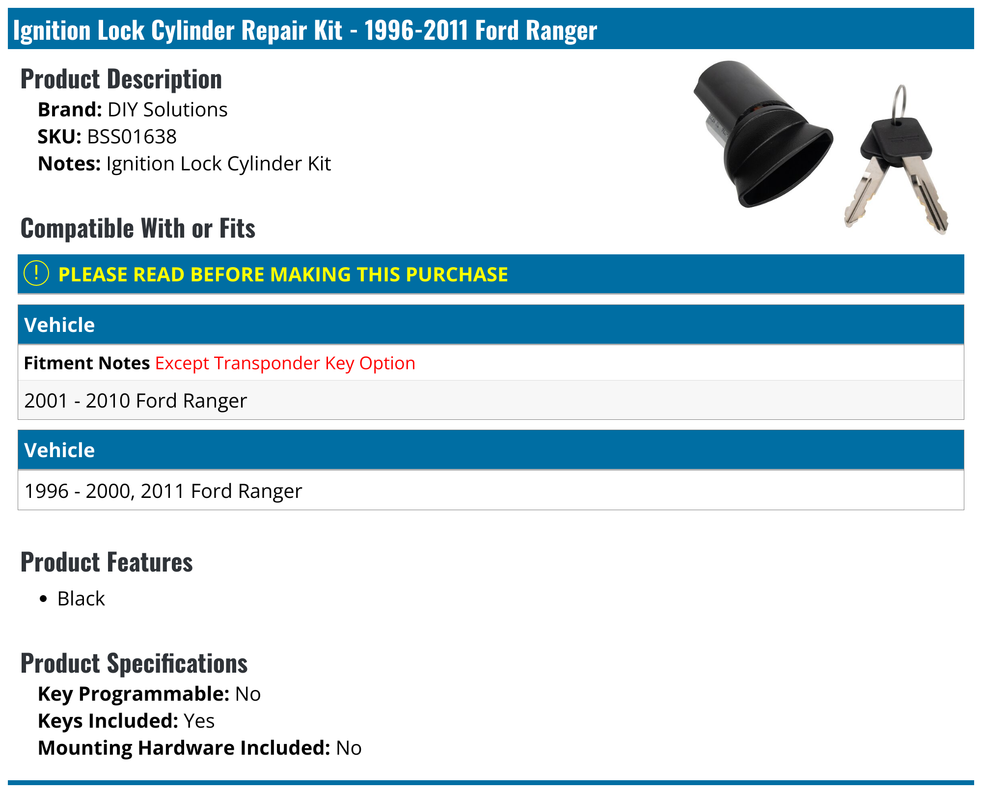 1996-2011 Ford Ranger Ignition Lock Cylinder - DIY Solutions BSS01638 ...