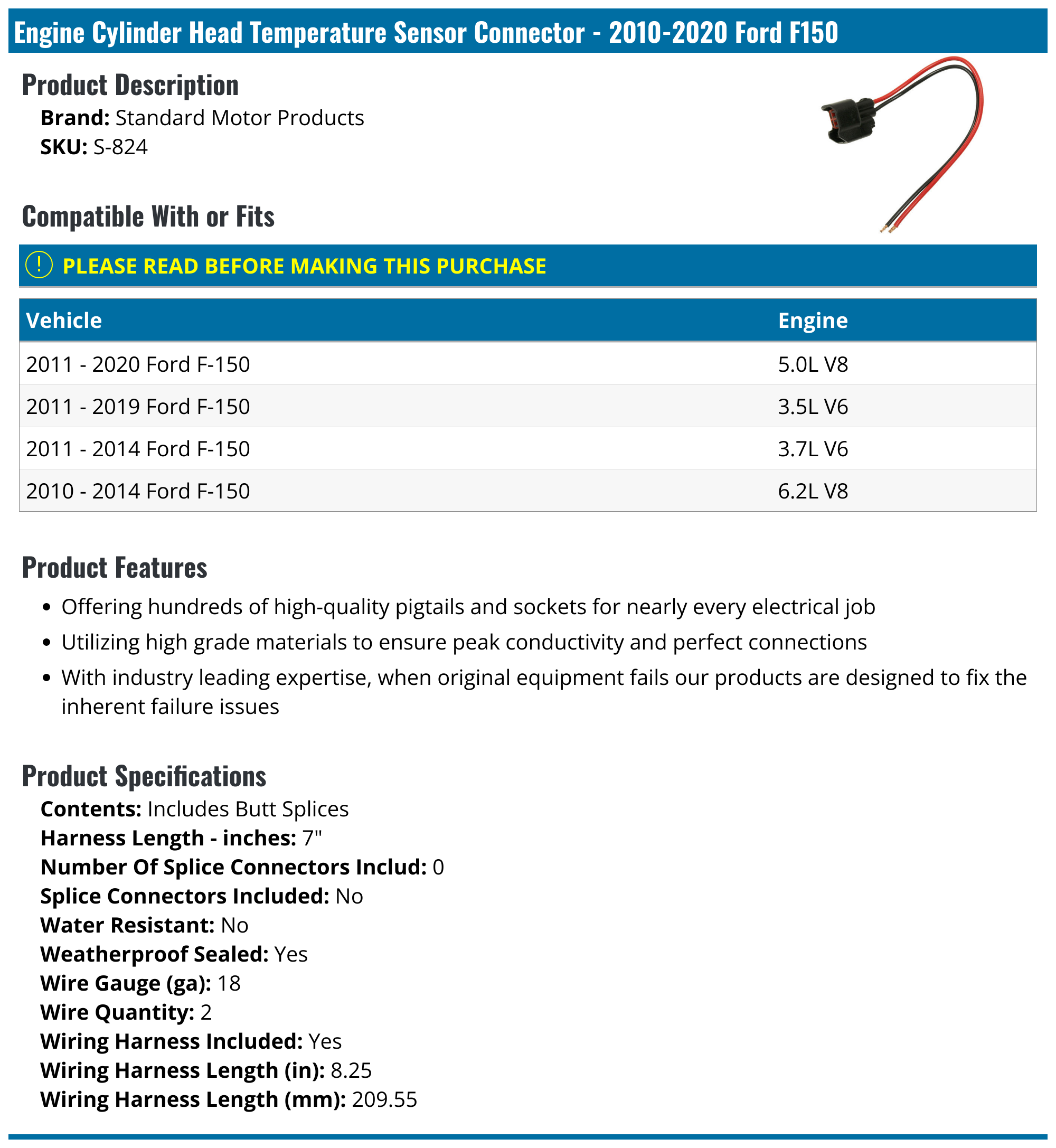 2010-2014 Ford F150 Engine Cylinder Head Temperature Sensor Connector ...