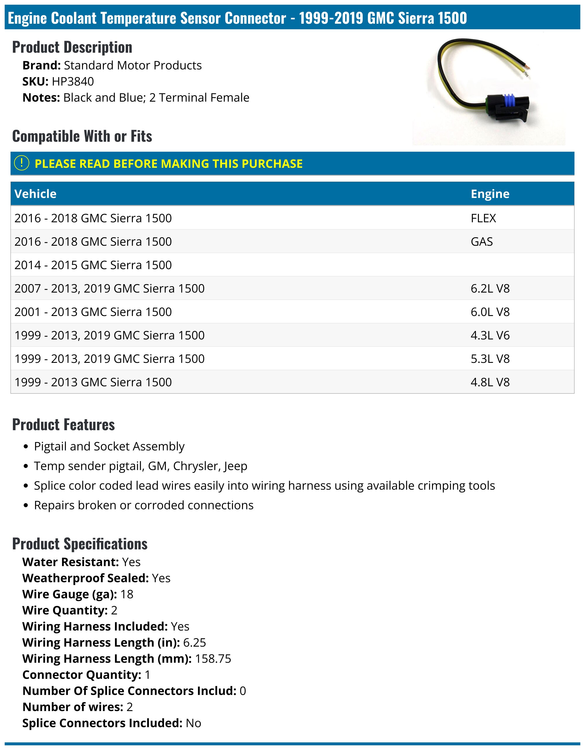 1999-2019 GMC Sierra 1500 Engine Coolant Temperature Sensor Connector ...