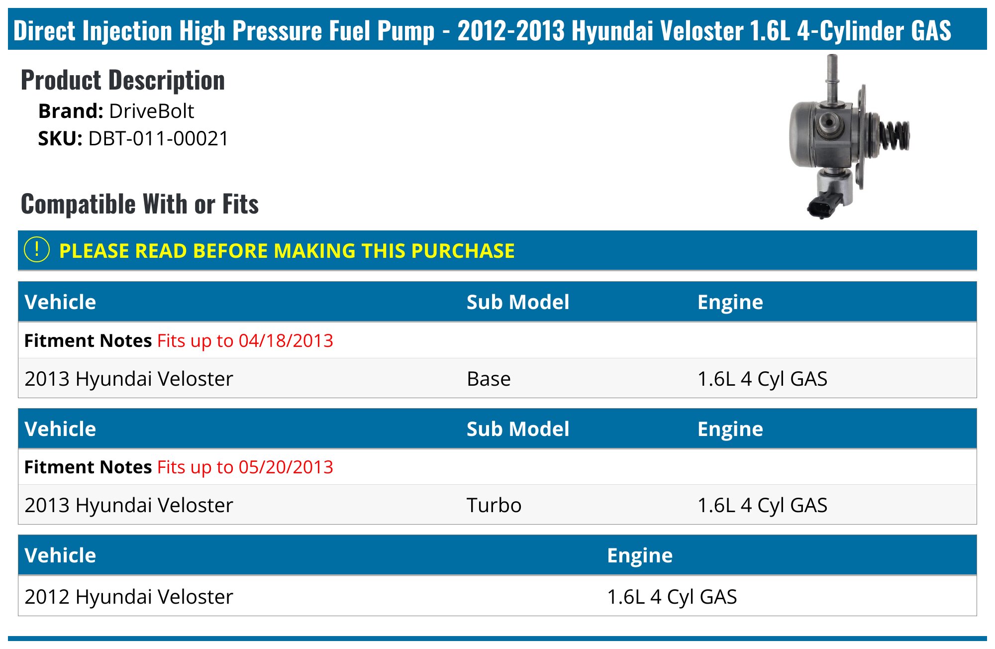 2012-2013 Hyundai Veloster Fuel Pump - DriveBolt DBT-011-00021 ...
