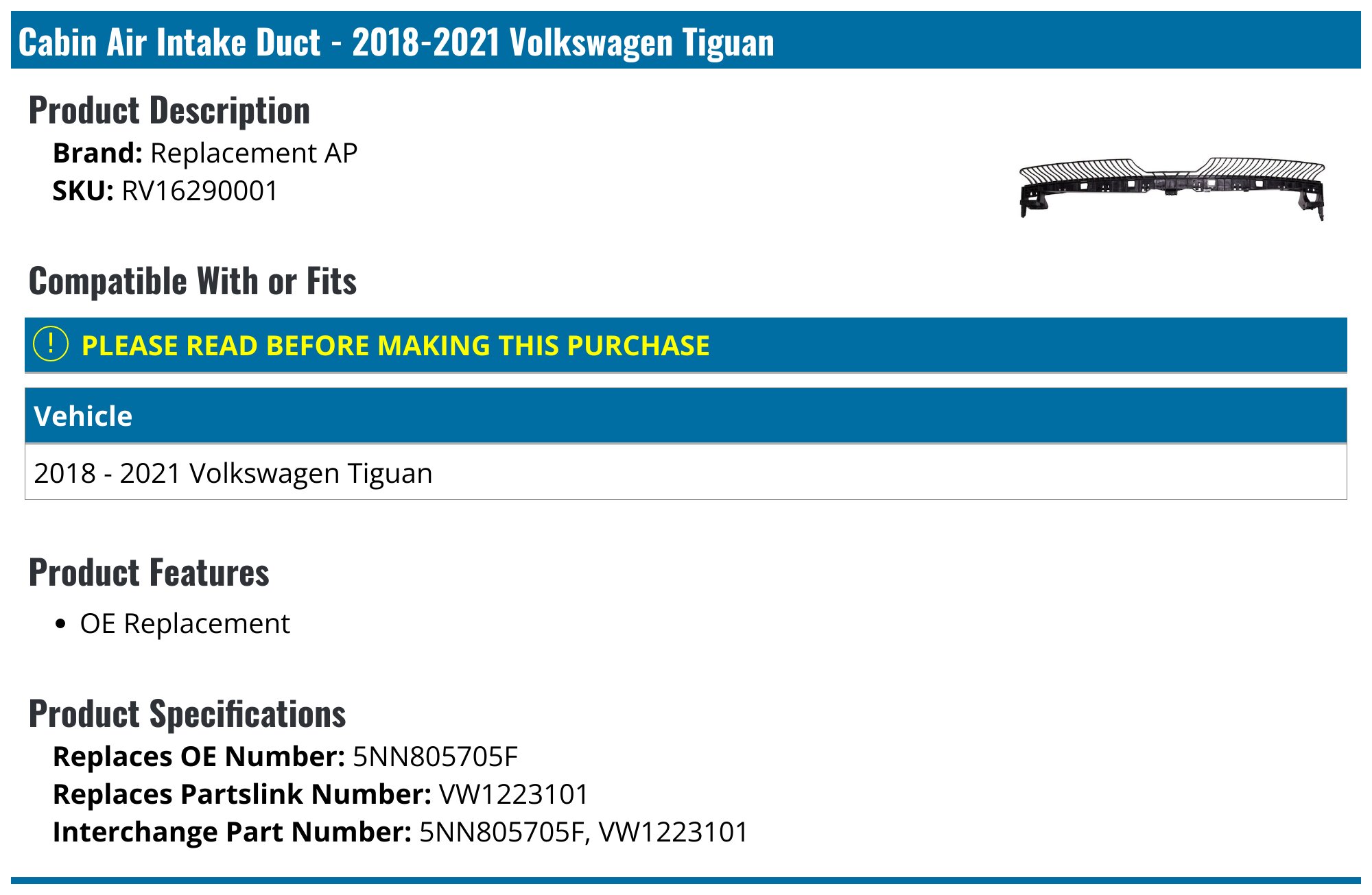 2018-2021 Volkswagen Tiguan Cabin Air Intake Duct - Replacement AP ...