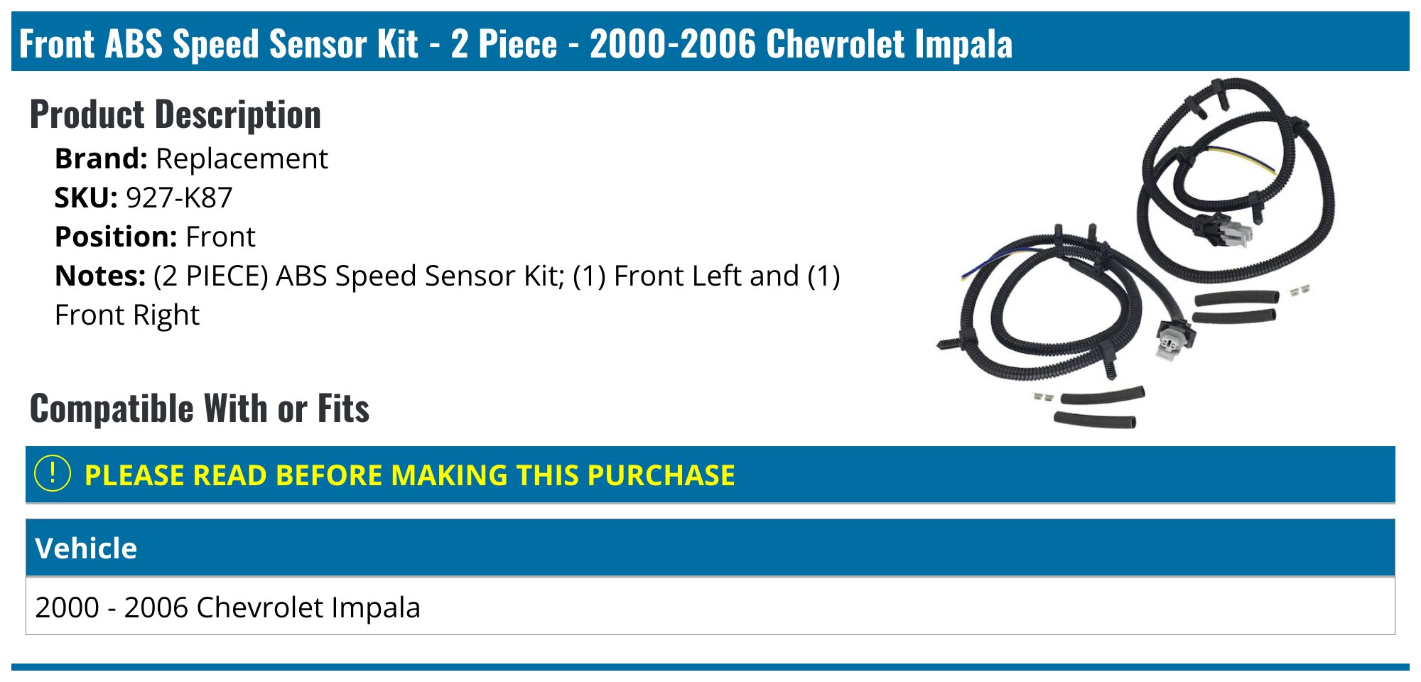 2000-2006 Chevrolet Impala ABS Speed Sensor - Replacement 927-K87 ...