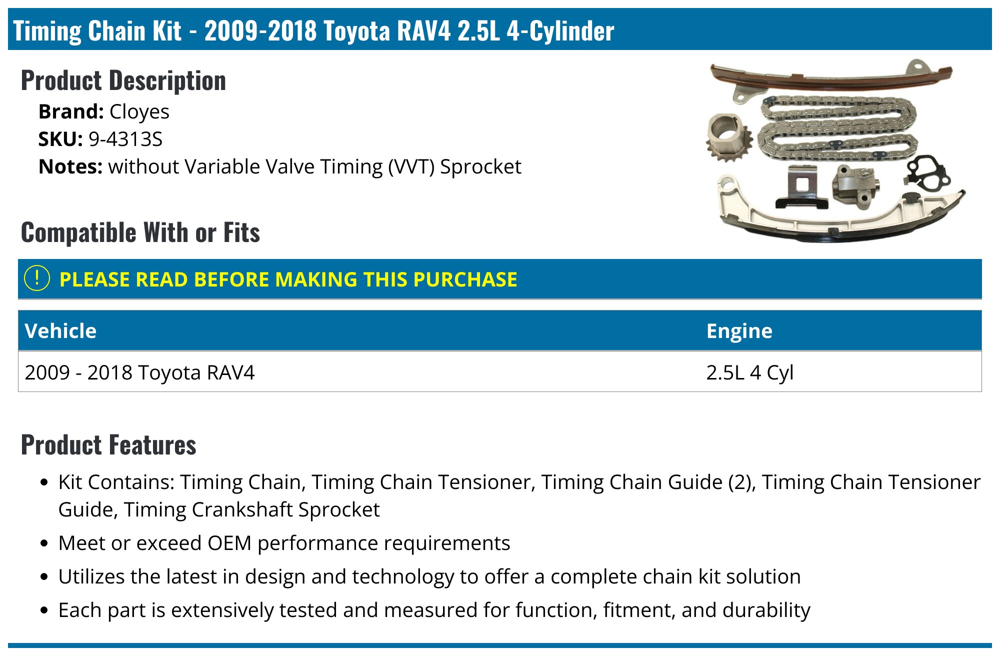 2009-2018 Toyota RAV4 Timing Chain - Cloyes 9-4313S - - PartsGeek.com