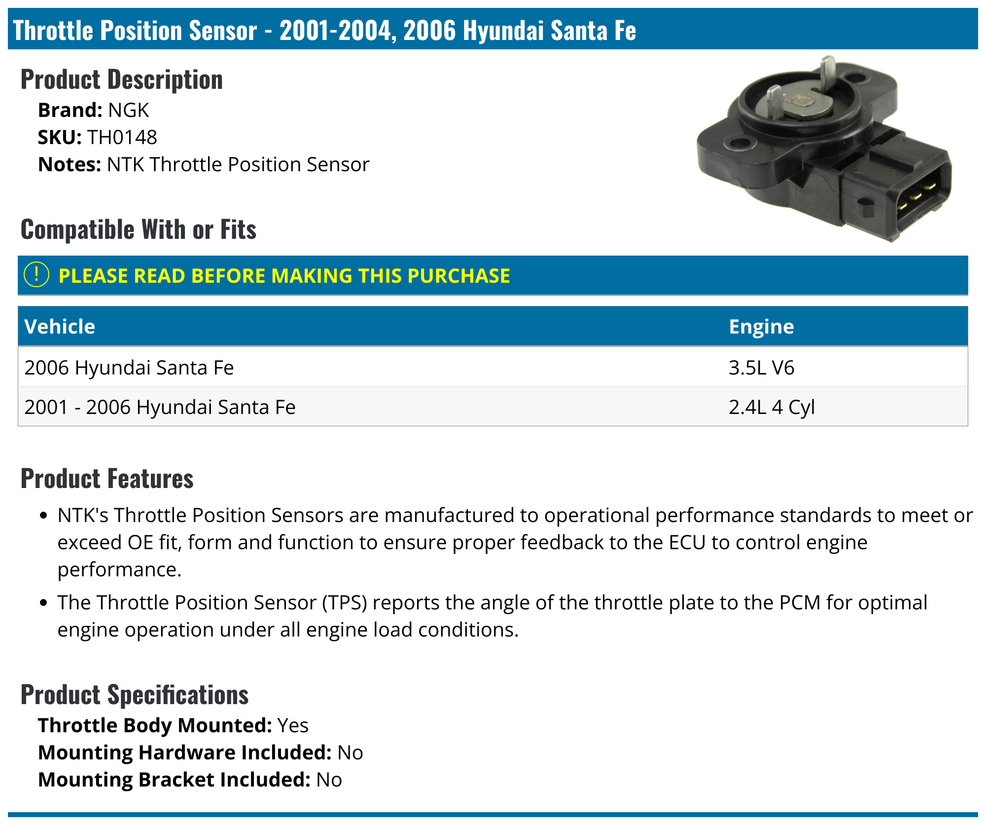 2001-2006 Hyundai Santa Fe Throttle Position Sensor - NGK TH0148 ...