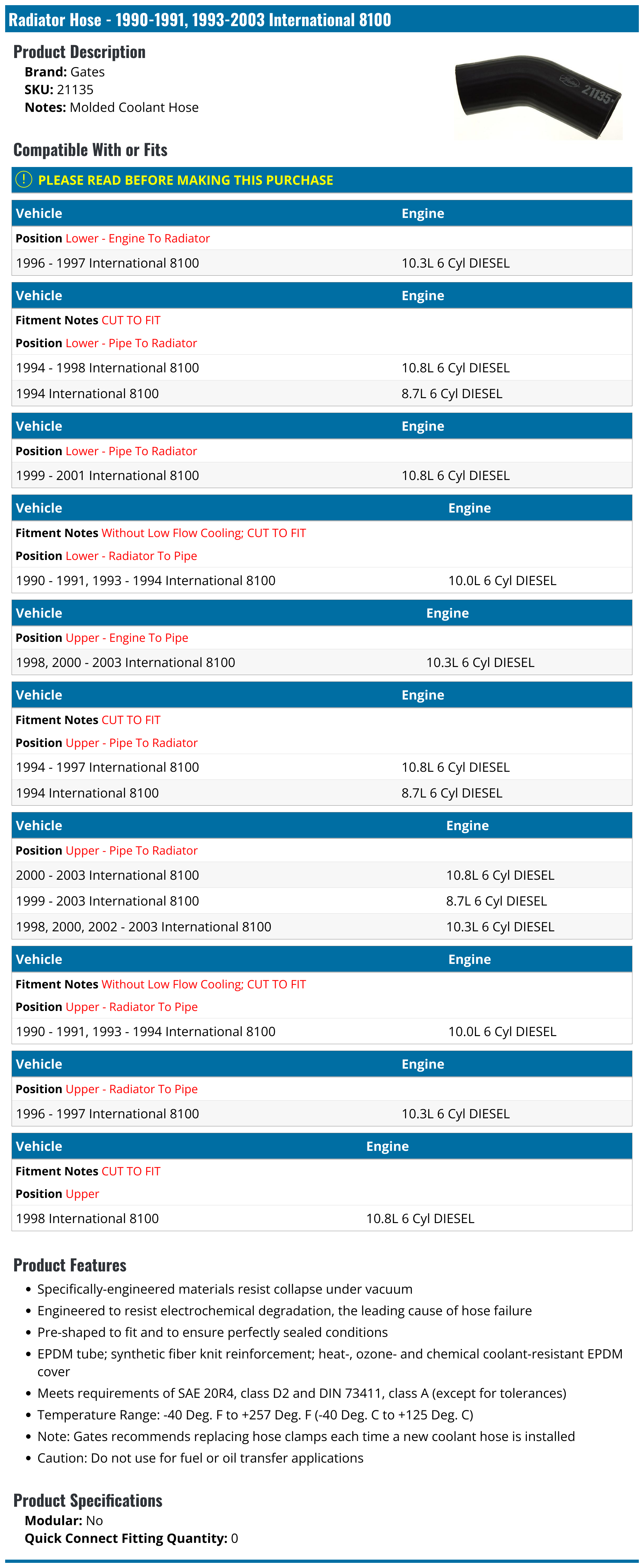 1990-1991, 1993-2003 International 8100 Radiator Hose - Gates 21135 ...
