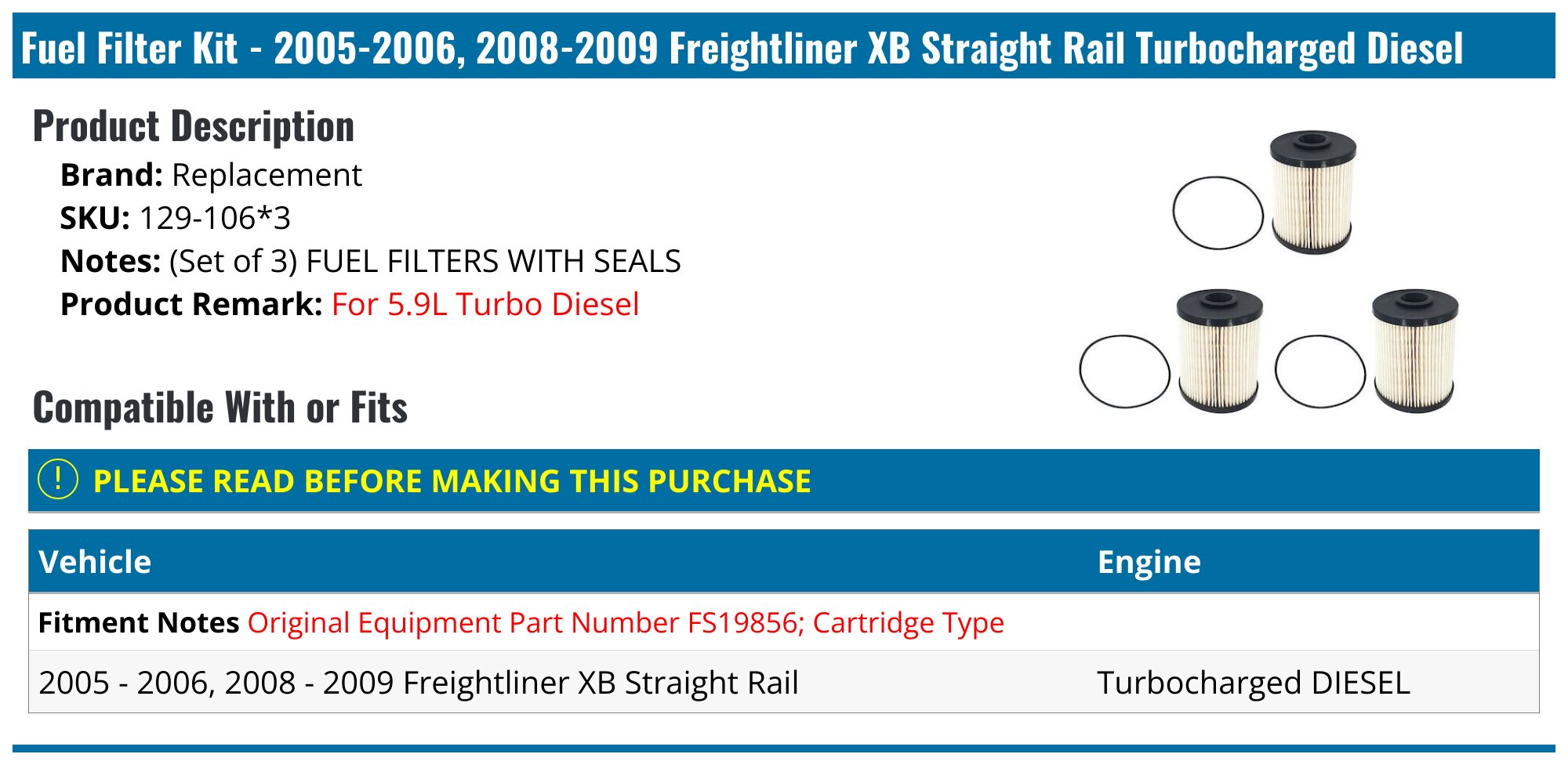 2005, 2007-2009 Freightliner XB Straight Rail Fuel Filter - Replacement ...