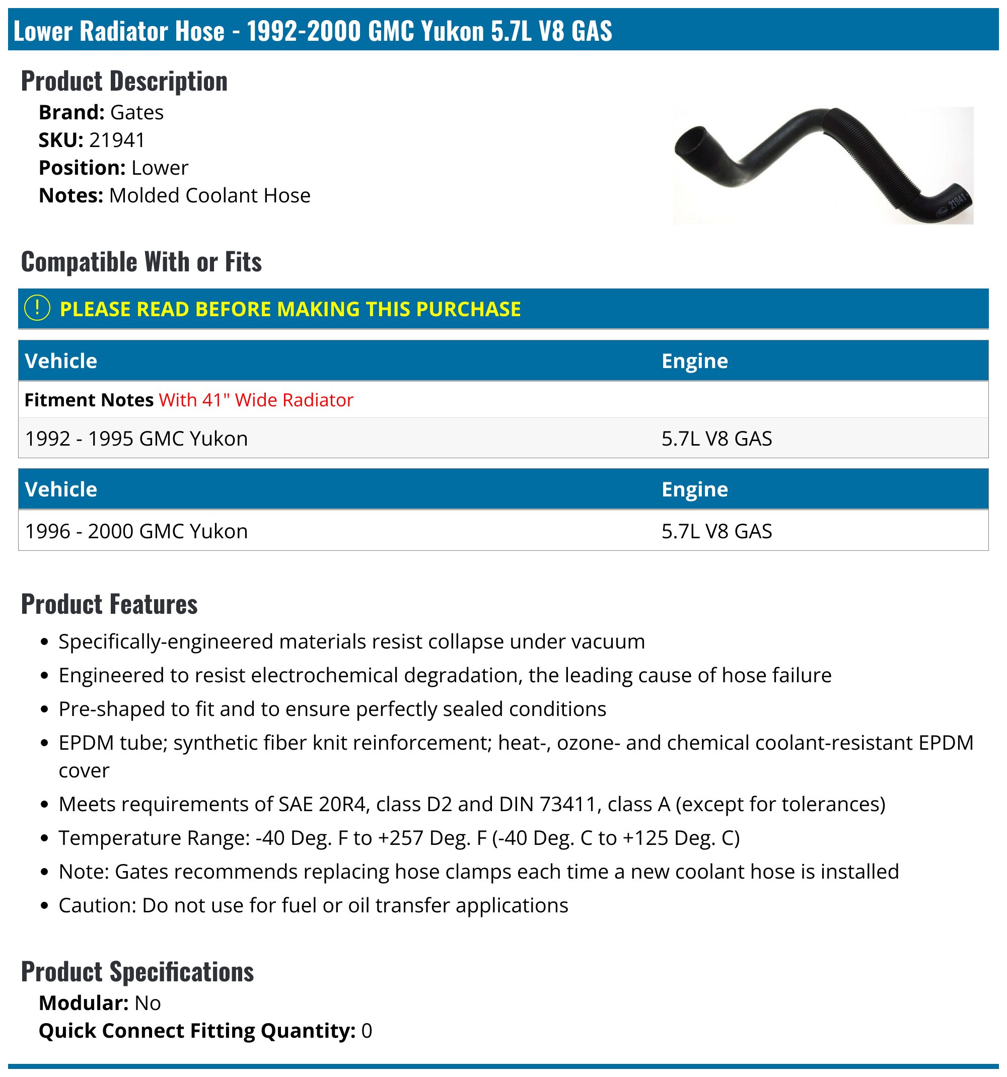 1992-2000 GMC Yukon Radiator Hose - Gates 21941 - Lower - PartsGeek.com