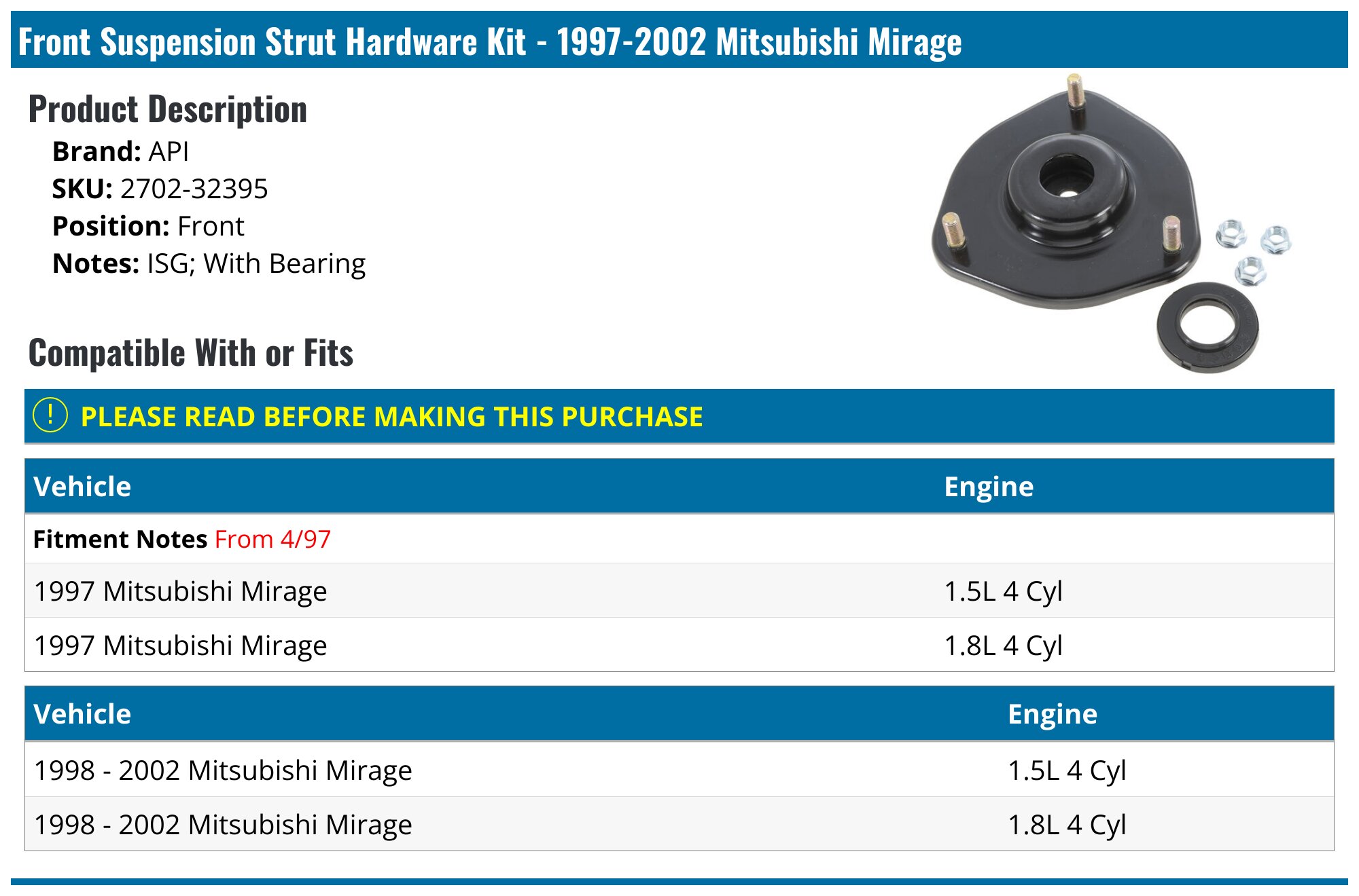 1997-2002 Mitsubishi Mirage Suspension Strut Hardware Kit - API 7143 ...