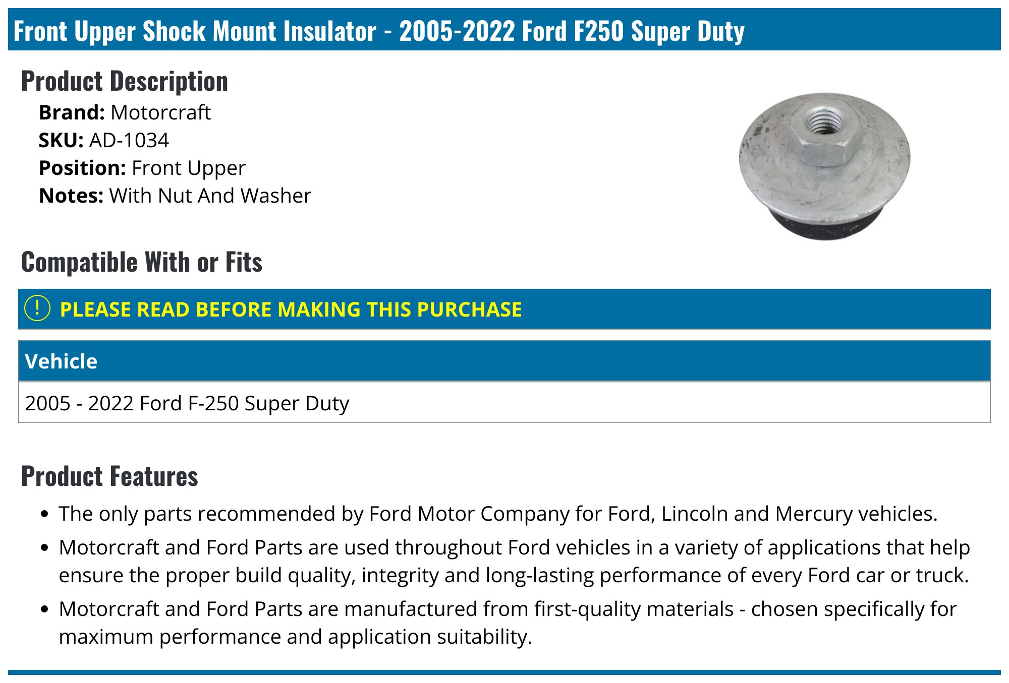 2005-2022 Ford F250 Super Duty Shock Mount Insulator - Motorcraft AD ...