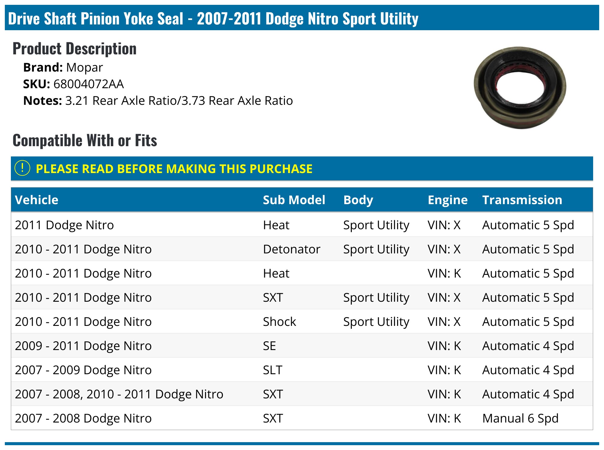 2007-2011 Dodge Nitro Drive Shaft Pinion Yoke Seal - Mopar 68004072AA ...