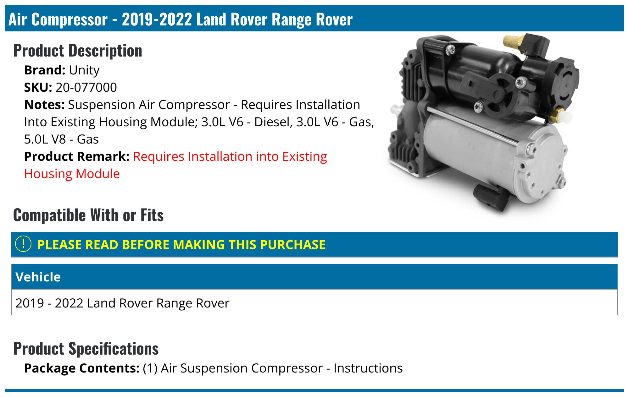 2019-2022 Land Rover Range Rover Suspension Compressor - Unity 20 ...