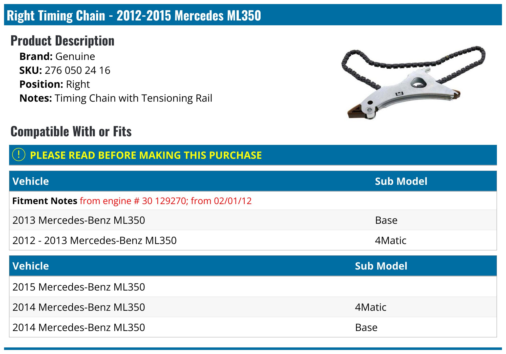 2012-2015 Mercedes ML350 Timing Chain - Genuine 276 050 24 16 - Right ...