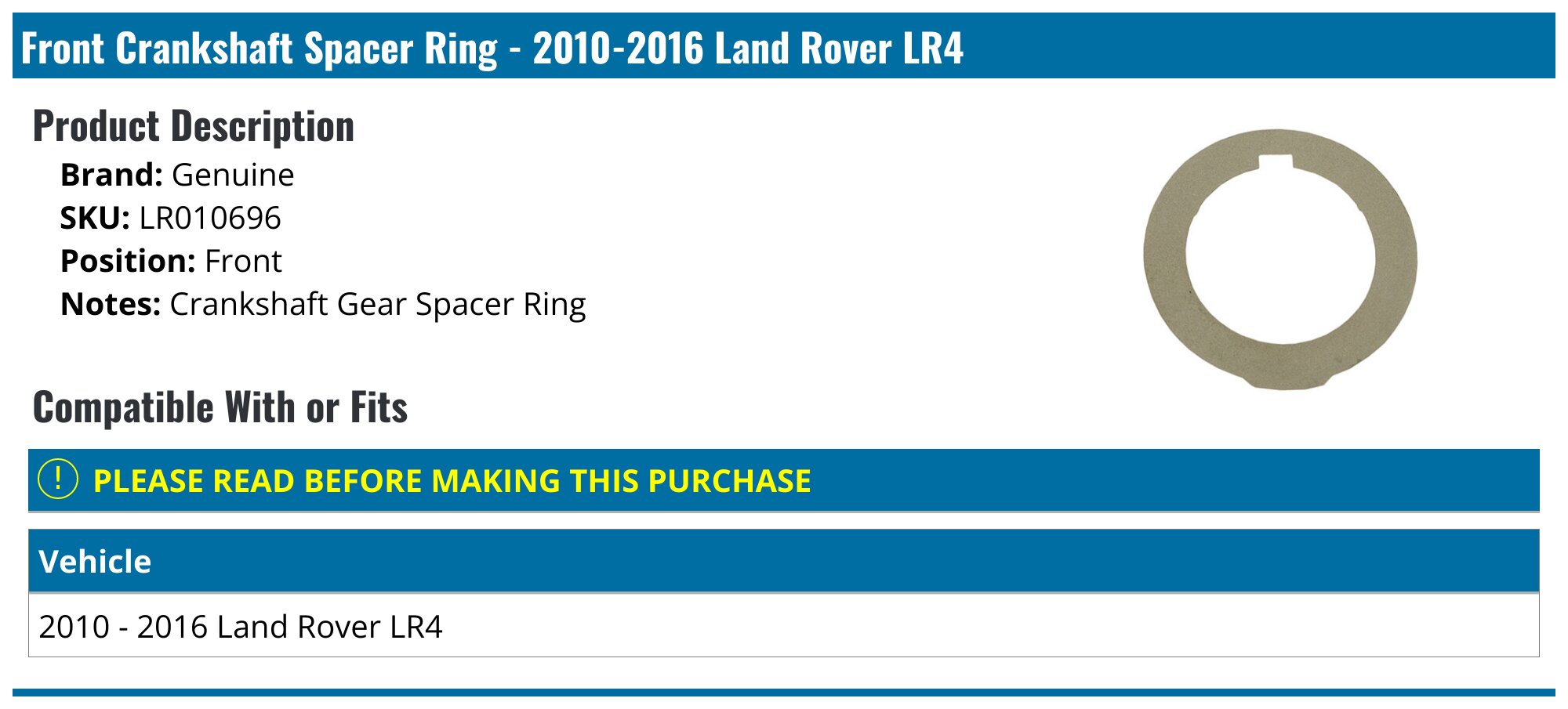 2010-2016 Land Rover LR4 Crankshaft Spacer Ring - Genuine LR010696 ...